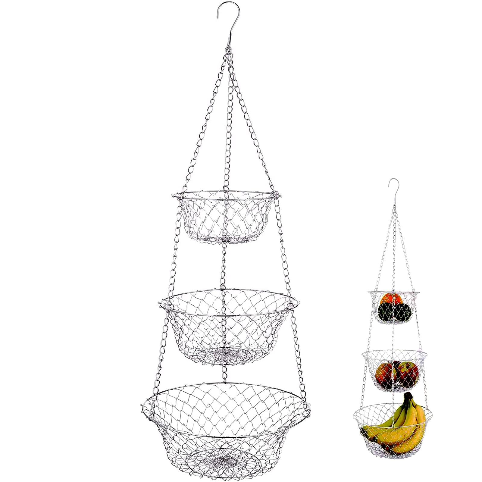 iPstyle 3 Tier Hanging Metal Kitchen Produce Storage Basket - Folding ...