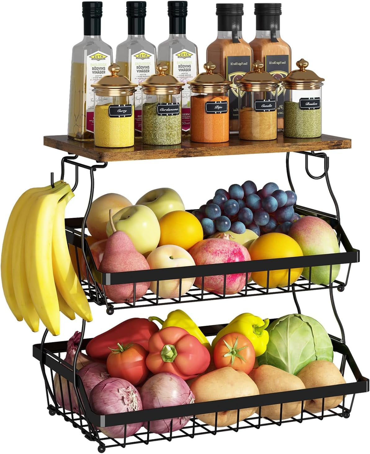3 Tier Fruit Basket with Wooden Top for Kitchen Counter, Fruit Bowls ...