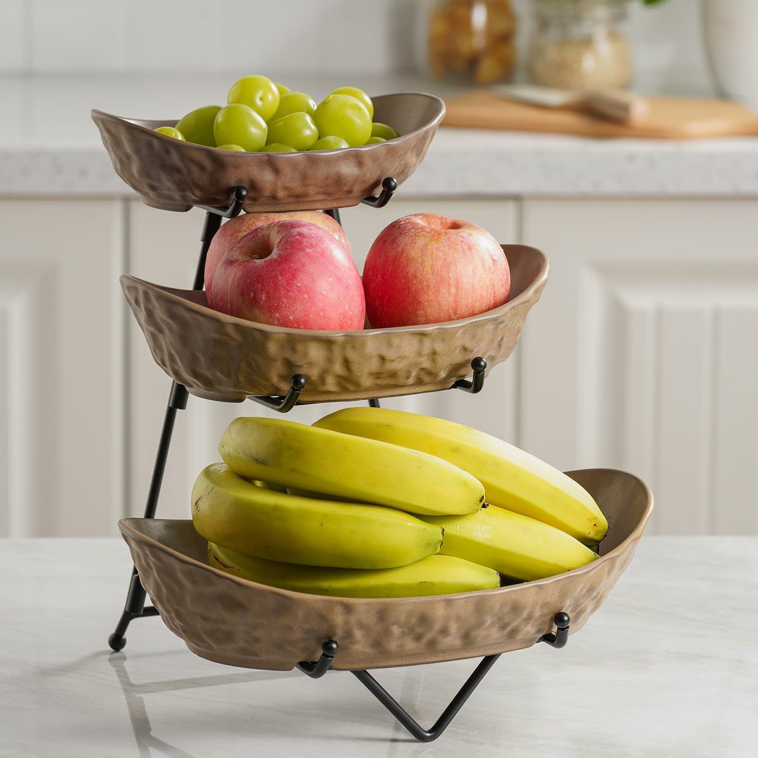 3 Tier Fruit Bowl for Kitchen Counter, Ceramic Fruit Basket with Metal ...