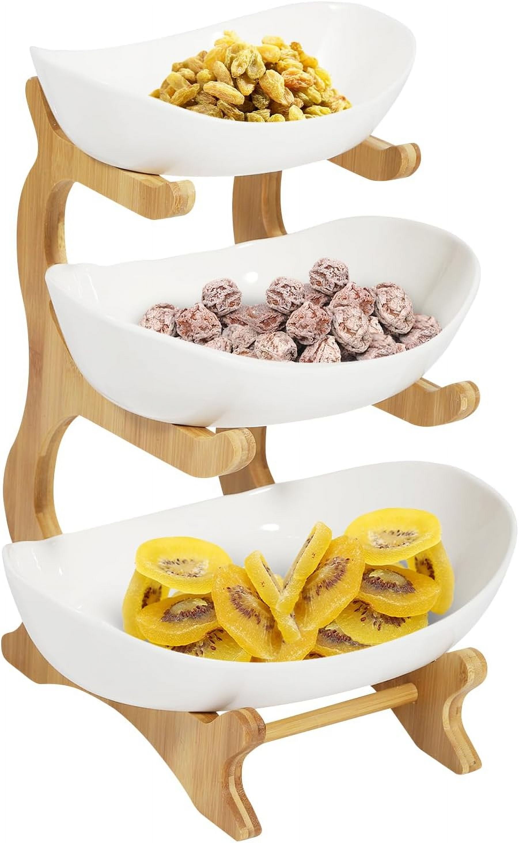 3 Tier Fruit Bowl for Kitchen Counter Ceramic Fruit Plate with Bamboo ...