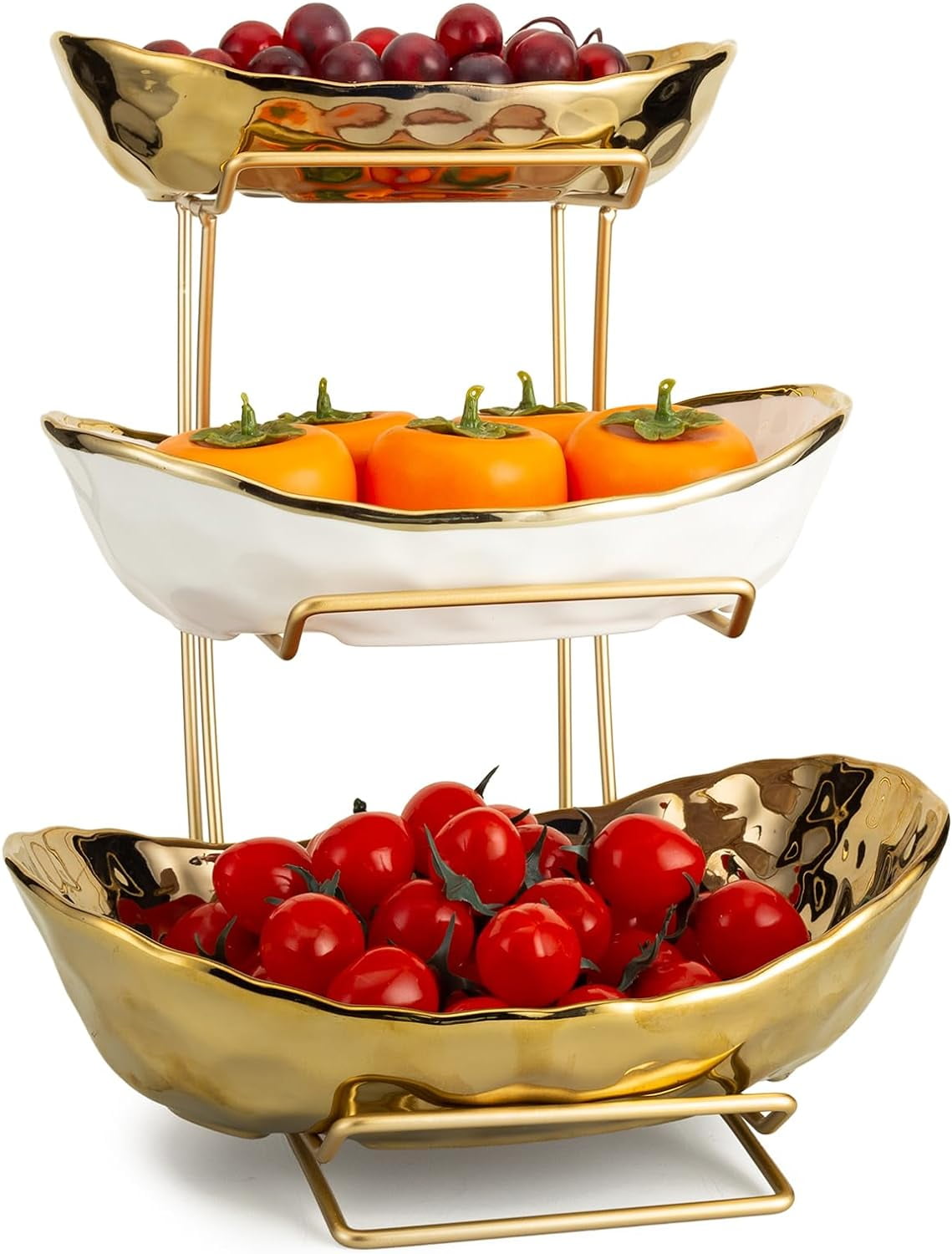 3 Tier Fruit Bowl for Kitchen Counter, Ceramic White Gold Fruit Bowl ...
