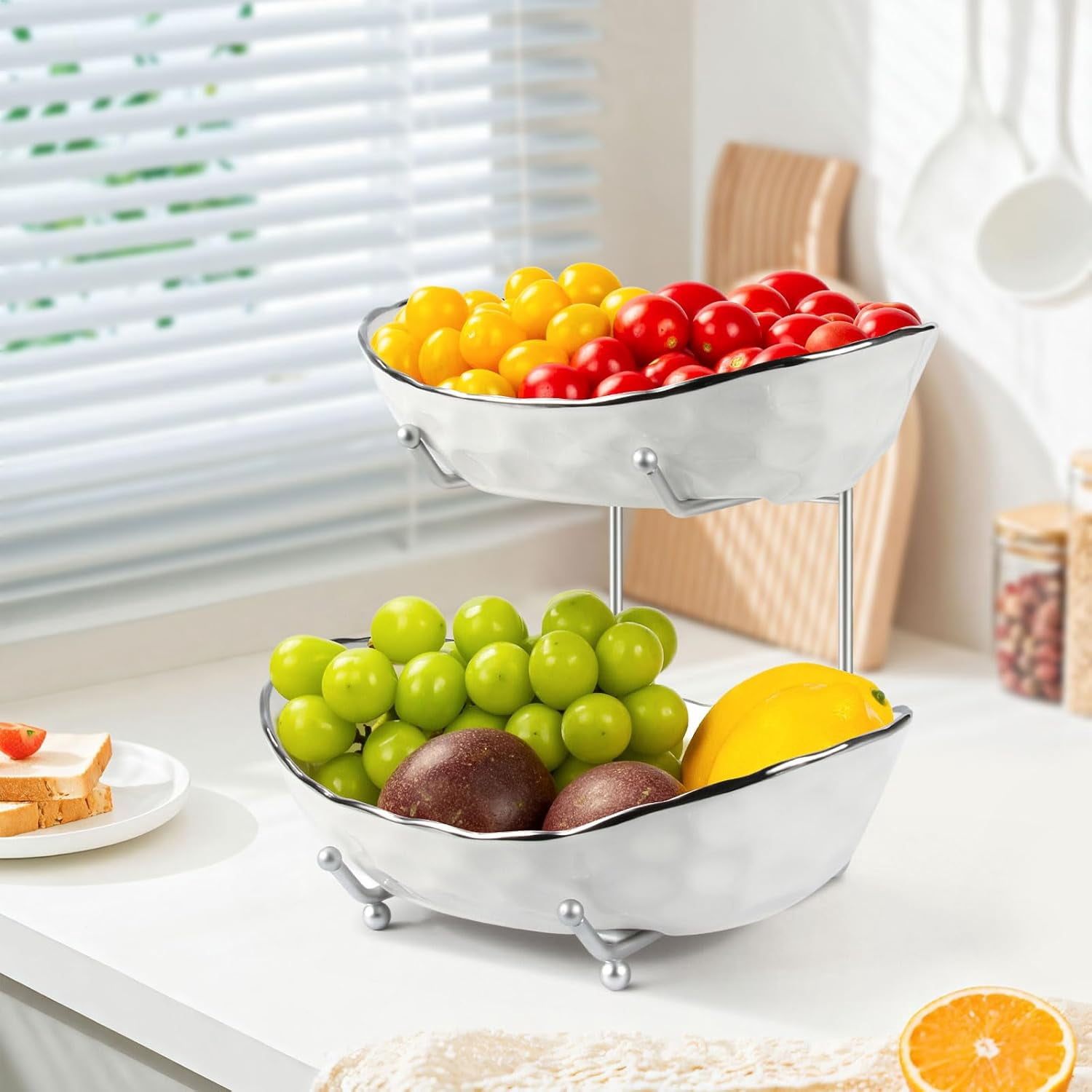 3 Tier Fruit Bowl for Kitchen Counter White Sliver Ceramic Fruit Stand ...