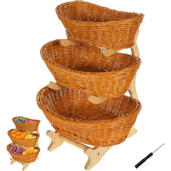 3 Tier Fruit Bowl for Kitchen Counter Woven Basket Wooden Fruit Stand ...