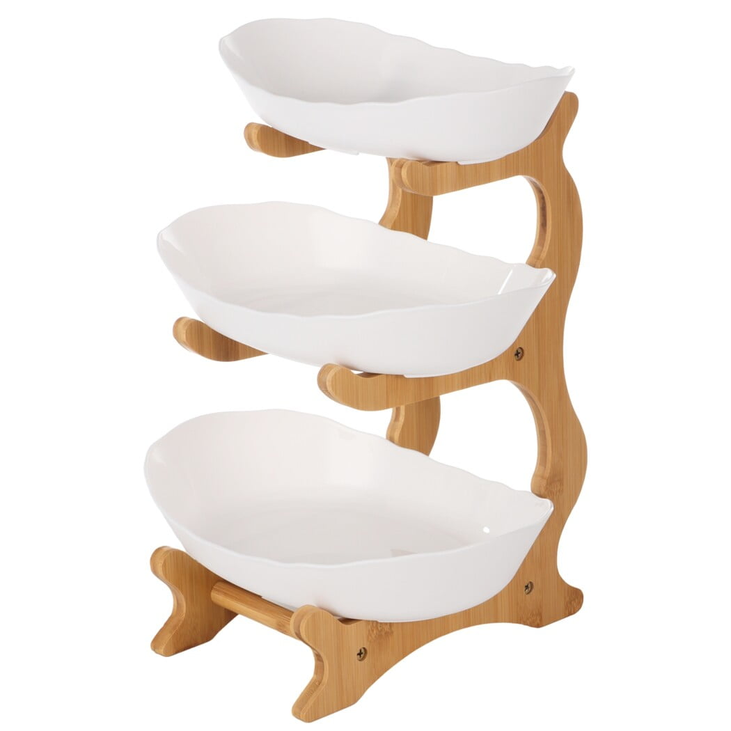3-Tier Fruit Bowl with Stand, Plastic Fruit Bowls with Bamboo Stand, 3 ...