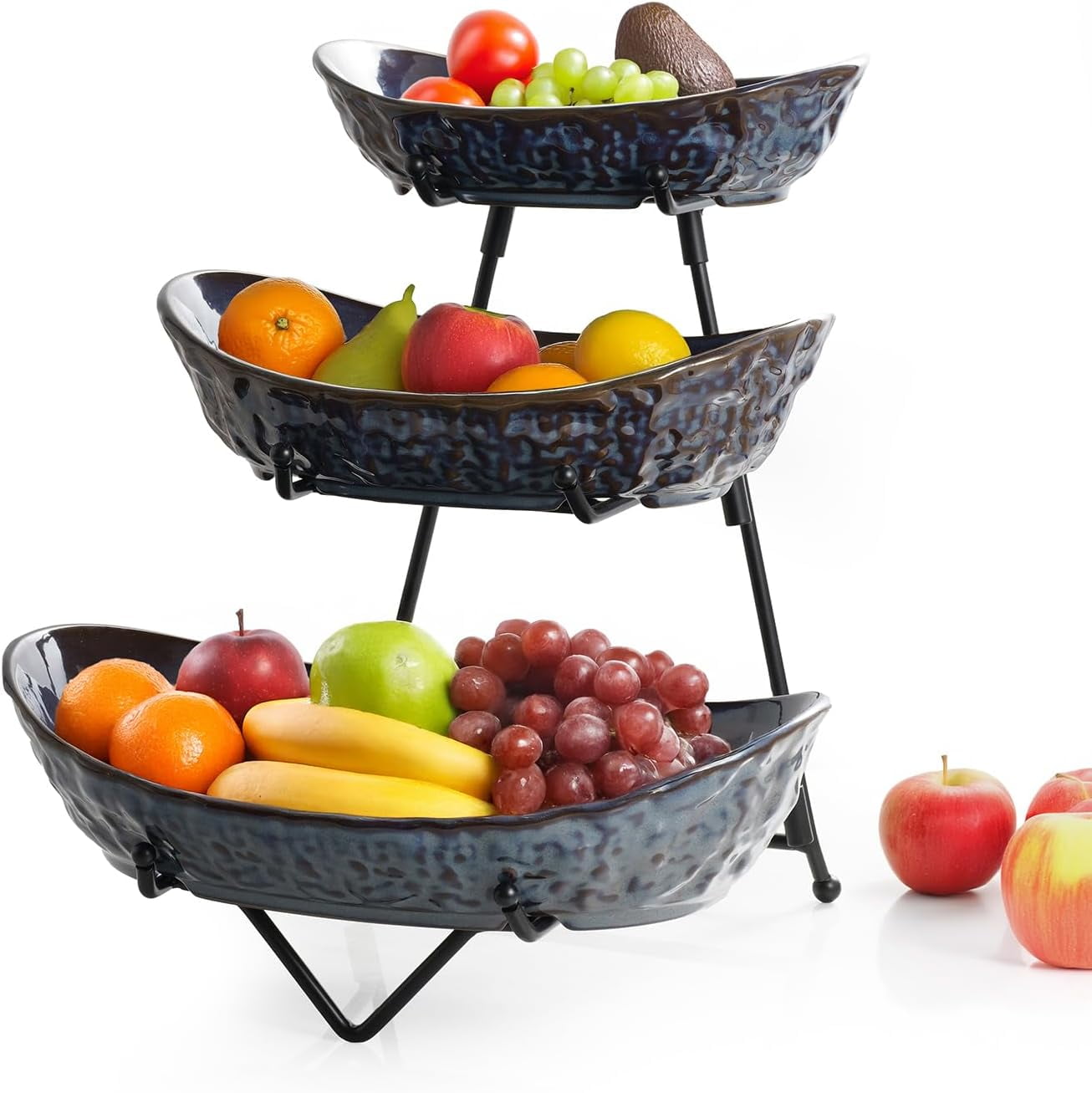 3 Tier Fruit Bowls with Metal Stand, Porcelain Fruit Basket for Kitchen ...