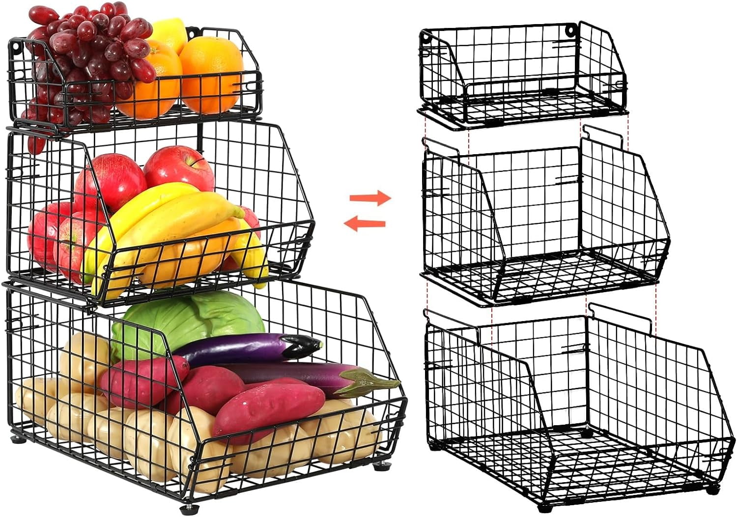 3 Tier Fruit and Vegetable Basket Wall-Mounted & Countertop Organizer ...