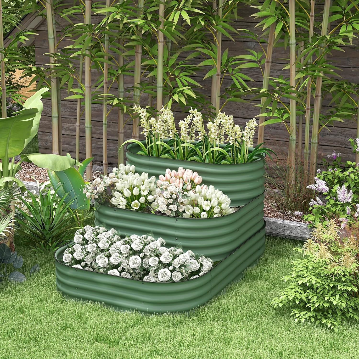 3 Tier Galvanized Steel Raised Garden Bed Kit, Open Bottom with Rubber ...