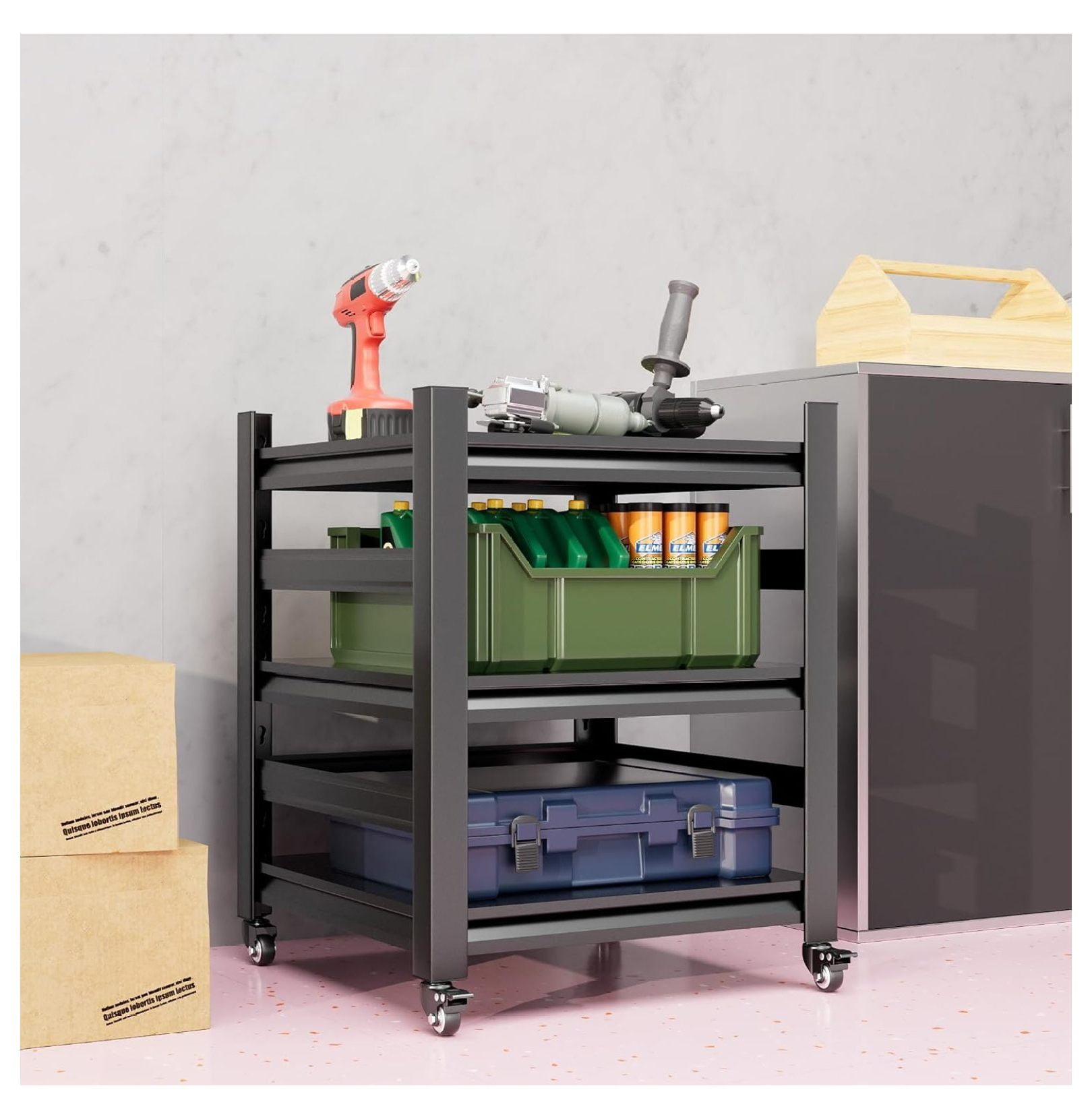 3 Tier Garage Shelving with Wheels and Fences Unit Heavy Duty Storage ...