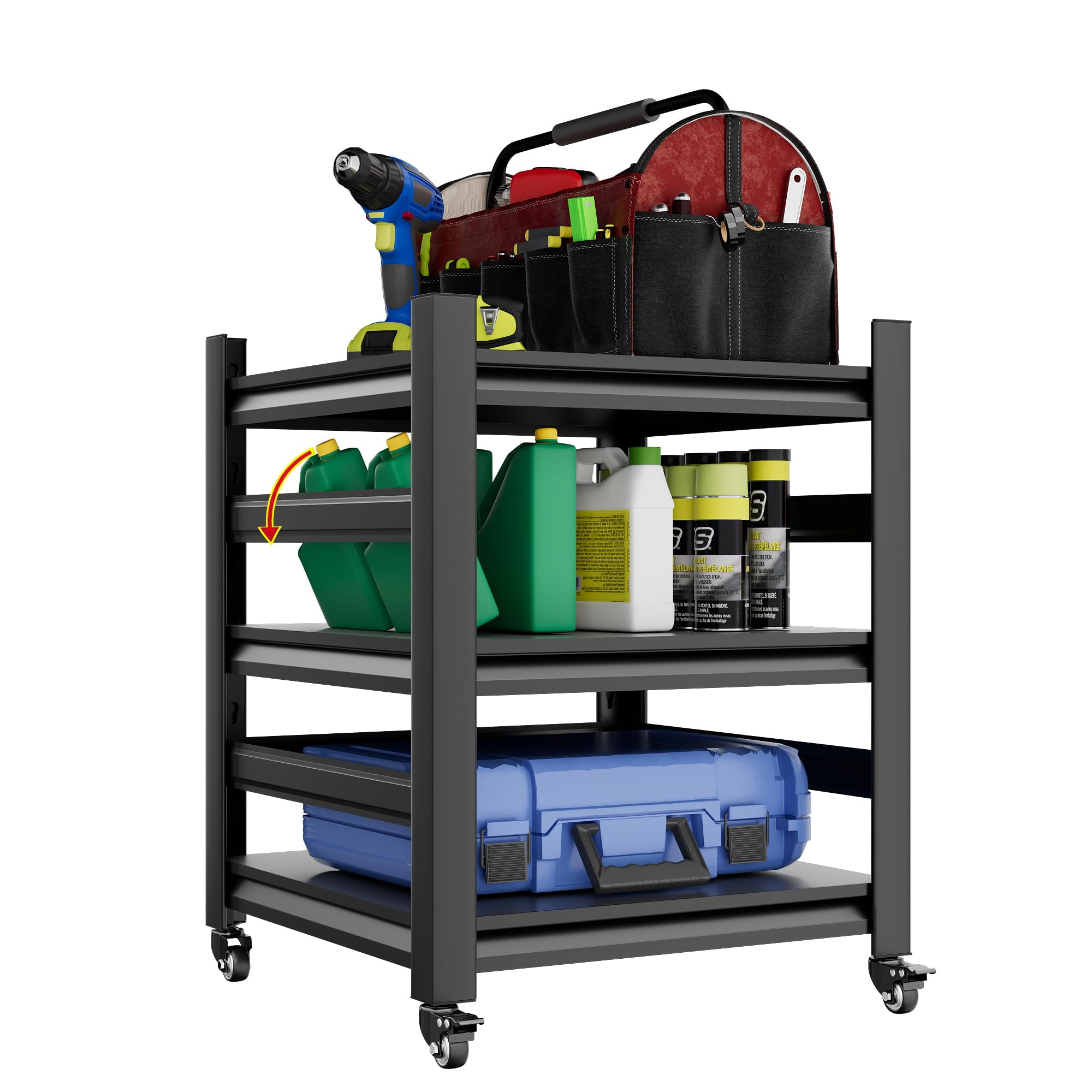 3 Tier Garage Shelving with Wheels and Fences Unit Heavy Duty Storage ...