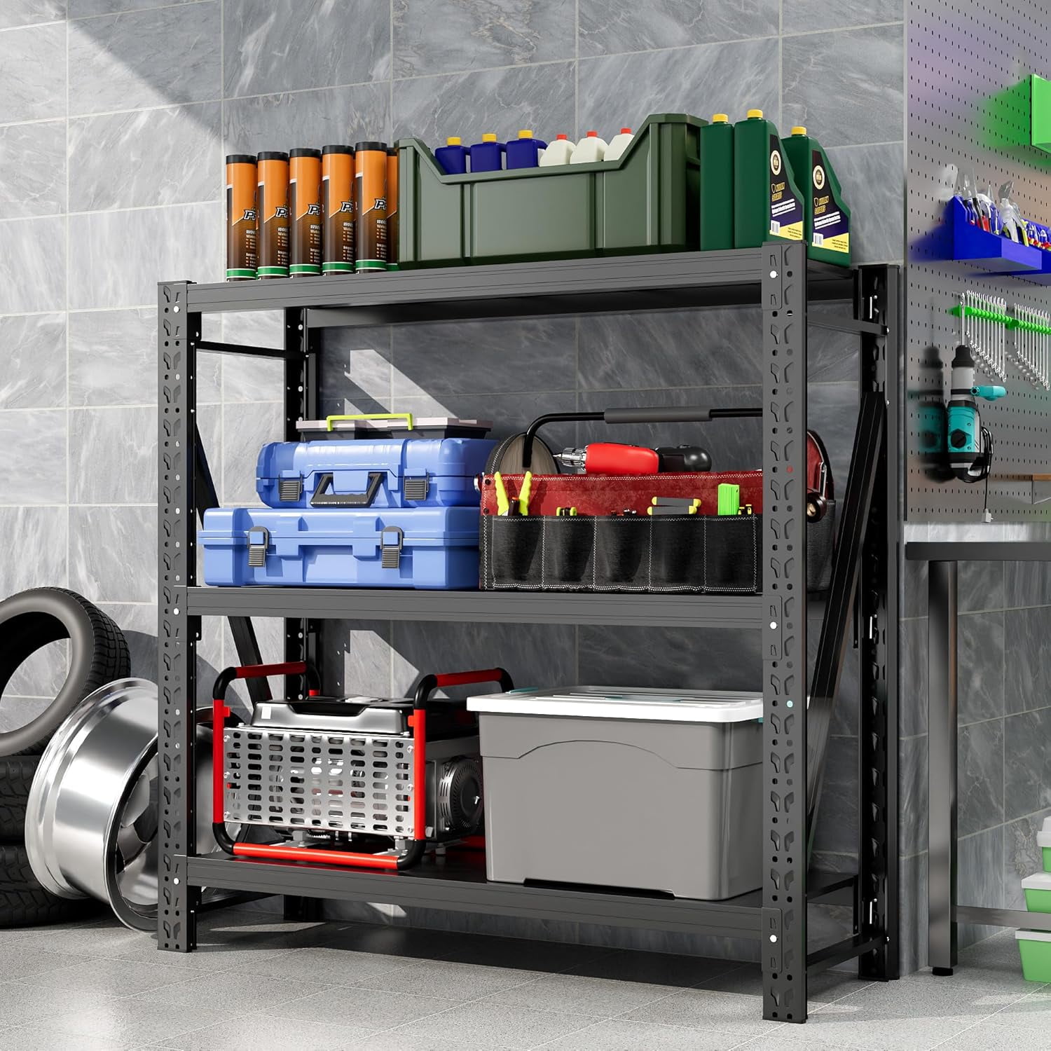 3 Tier Garage Shelving with Wheels and Fences Unit Heavy Duty Storage ...