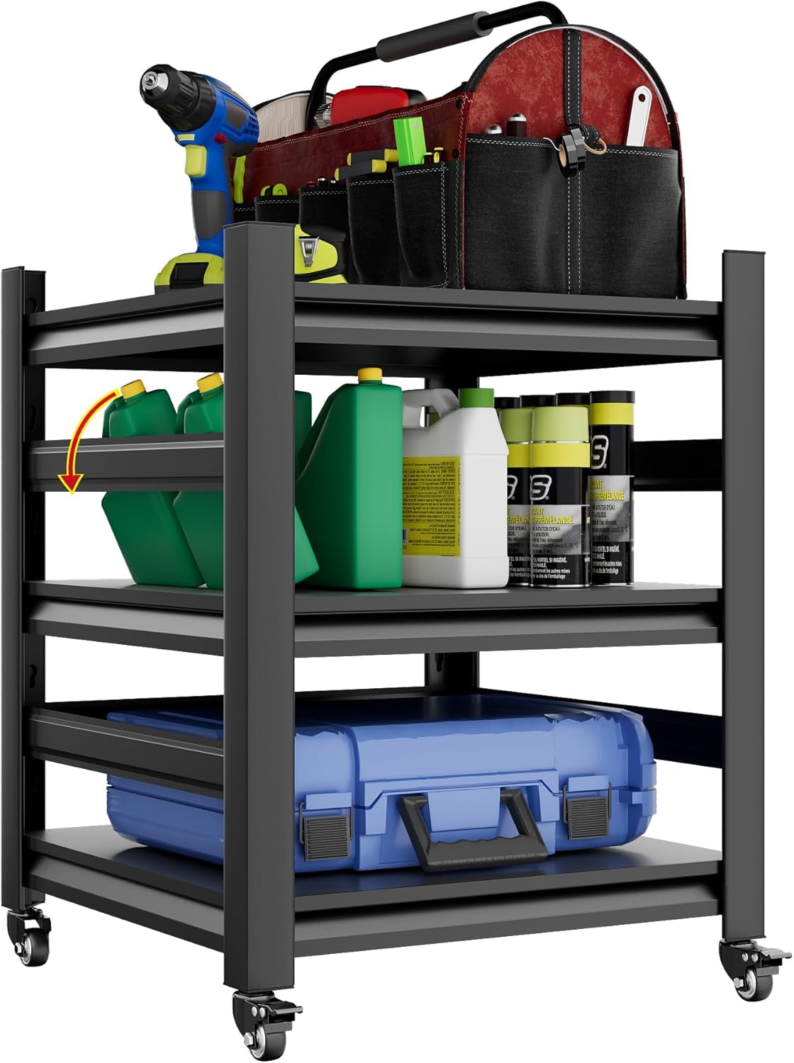 3 Tier Garage Shelving with Wheels and Fences Unit Heavy Duty Storage ...