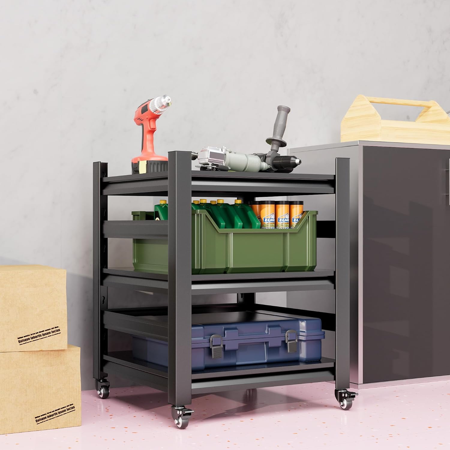 3 Tier Garage Shelving with Wheels and Fences Unit Heavy Duty Storage ...