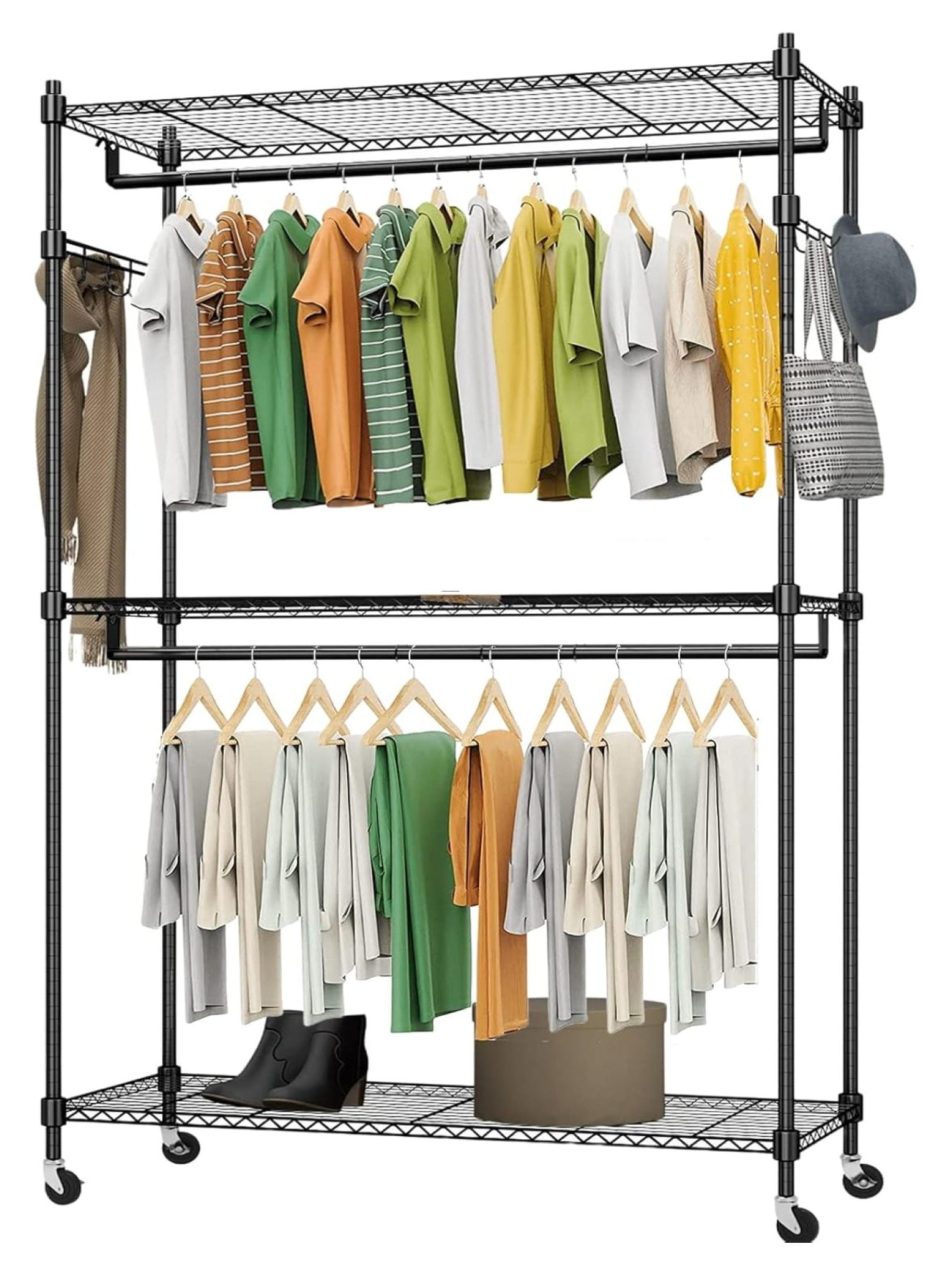 3 Tier Garment Rack with Wheels, Portable Wire Shelving Closets for ...