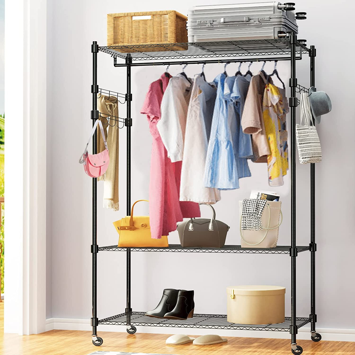 3 Tier Garment with Wheels Portable Wire Shelving Closets for Hanging ...