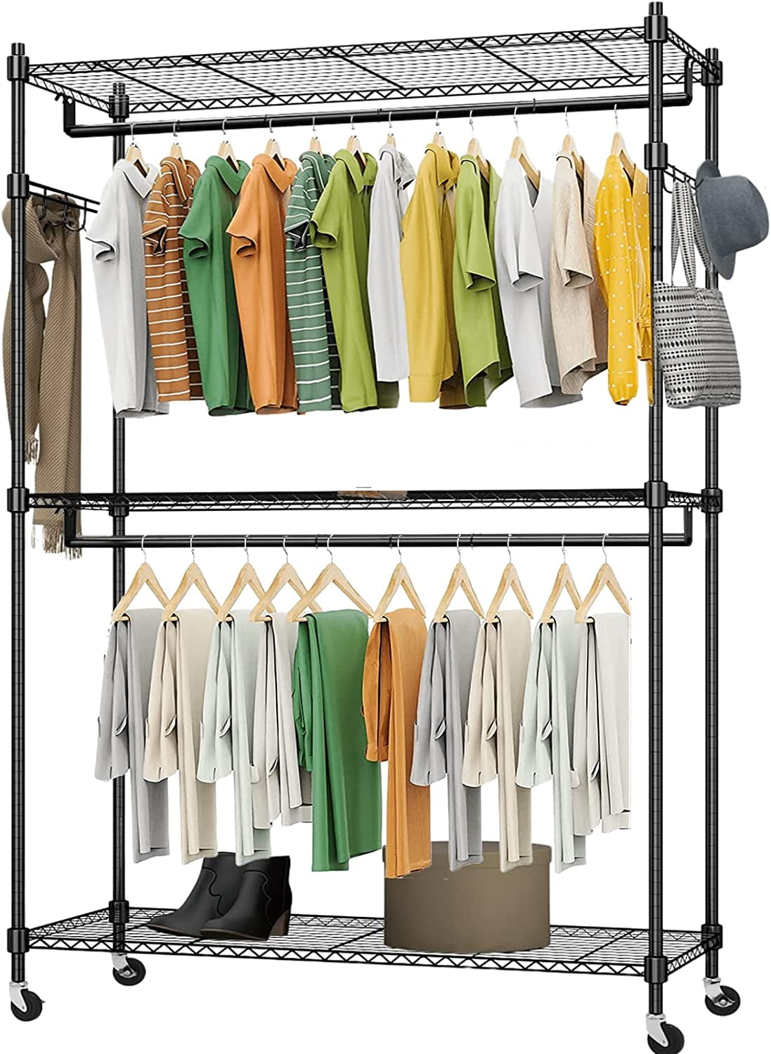3 Tier Garment with Wheels Portable Wire Shelving Closets for Hanging ...