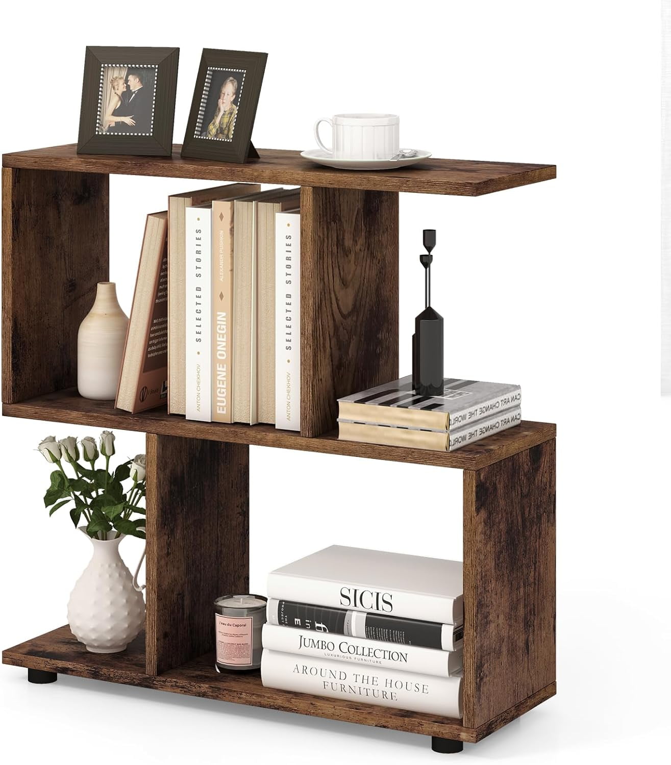 3-Tier Geometric Bookshelf, 24" Tall Wood S-Shaped Display Shelves with ...