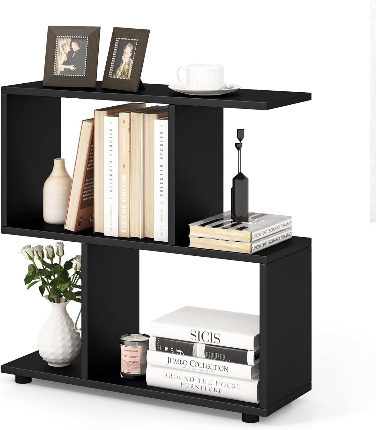 3-Tier Geometric Bookshelf, 24" Tall Wood S-Shaped Display Shelves with ...