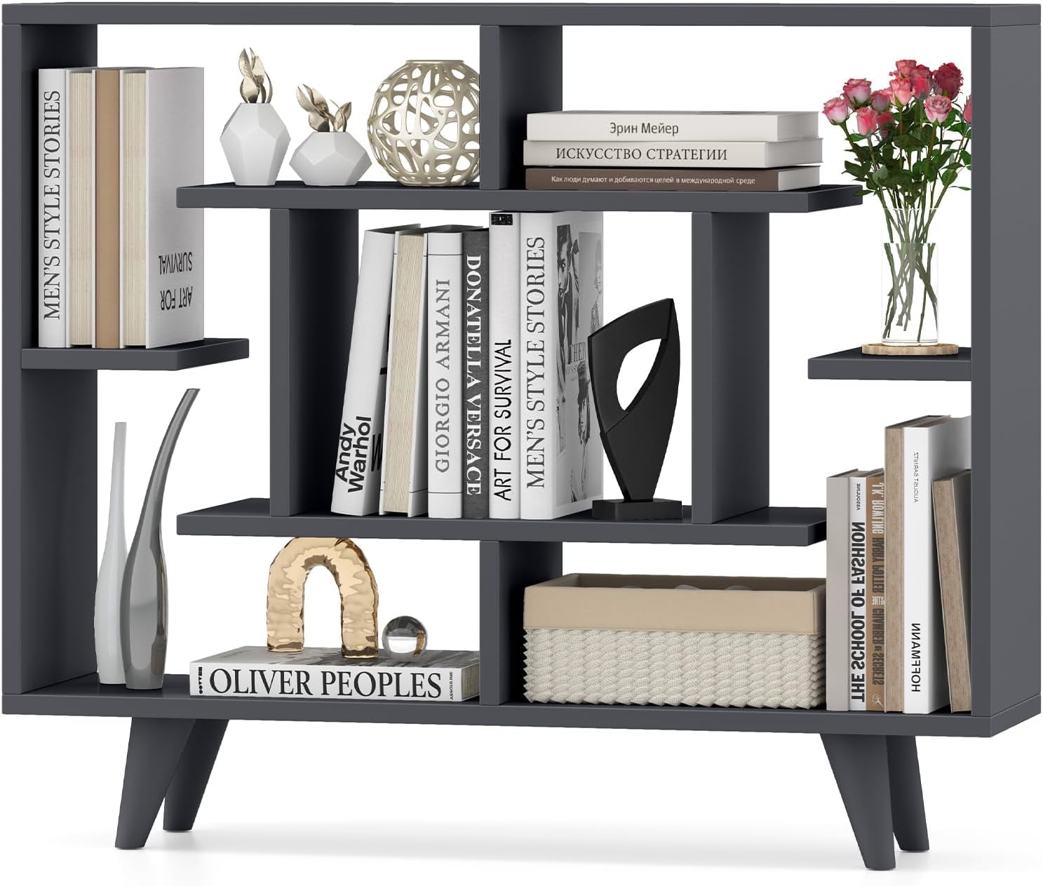 3 Tier Geometric Bookshelf, Modern Freestanding Bookcase w/Staggered ...