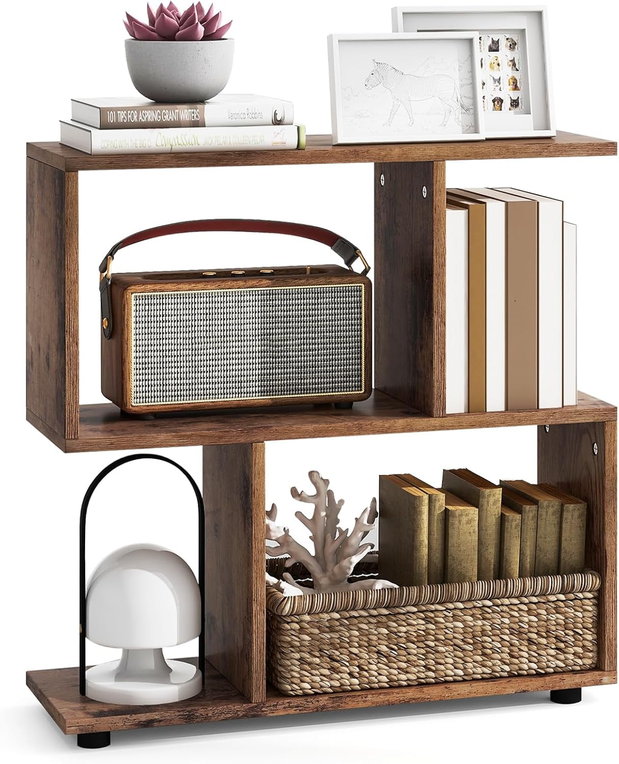 3-Tier Geometric Bookshelf S-Shaped Open Bookcase Freestanding Decorative Storage Shelving ...