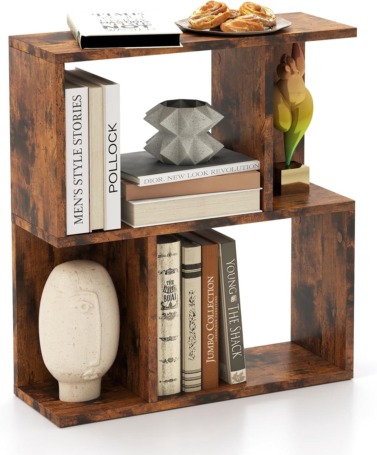 3 Tier Geometric Bookshelf S Shaped Open Bookcase with Storage Decor ...