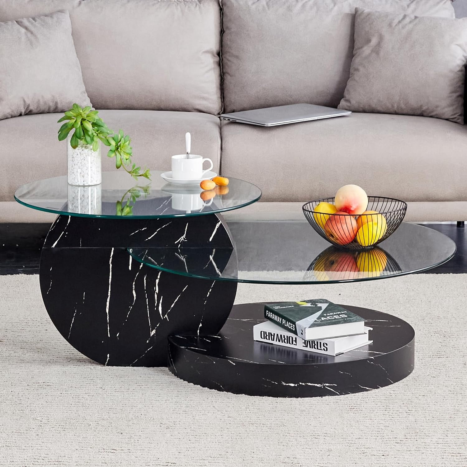 3-Tier Glass Coffee Modern Round Circle Wood Coffee for Living Room ...