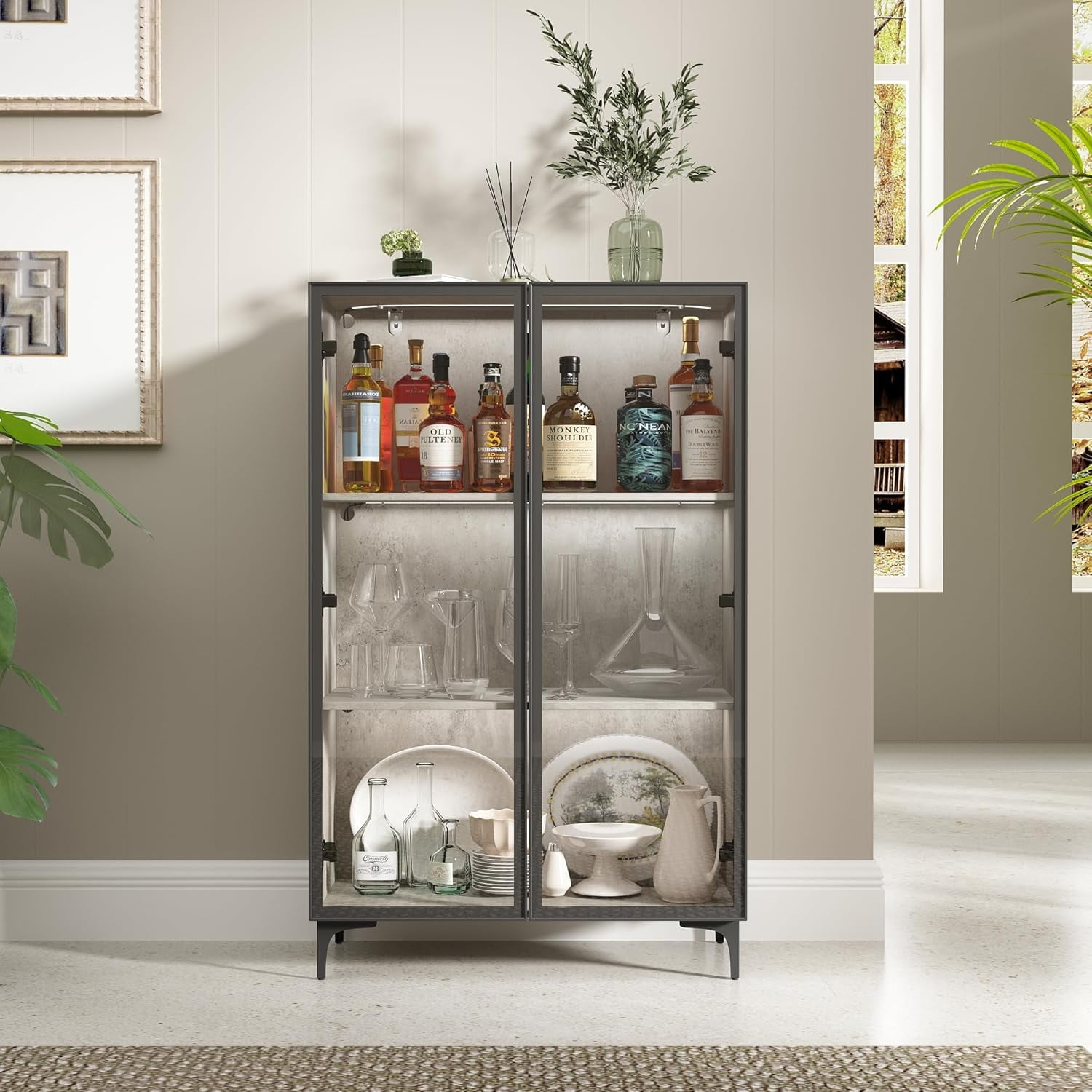 3 Tier Glass Display Cabinet with Light Storage Curio Cabinet with Pop ...