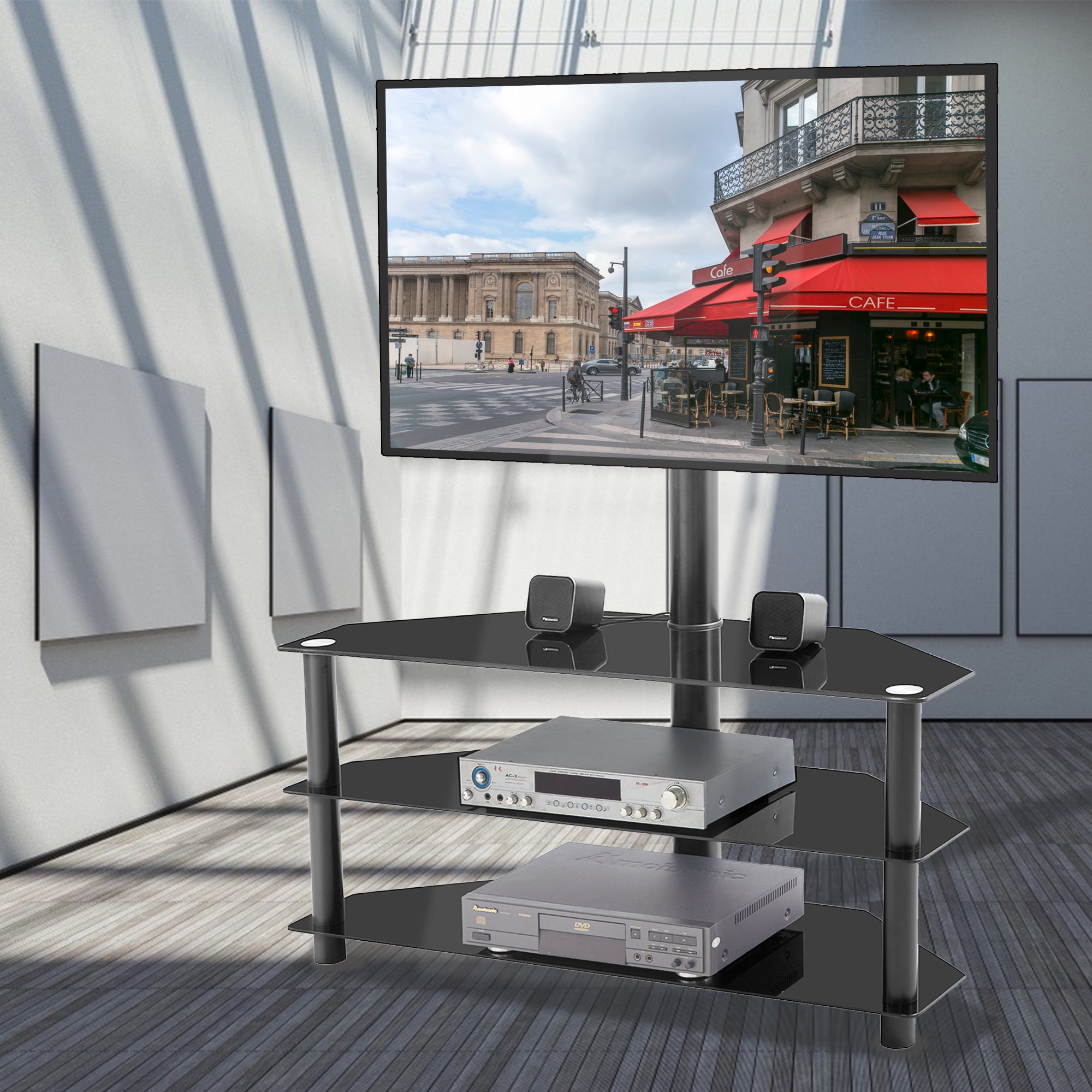 3 Tier Glass TV Stand with Swivel Mount, Corner Floor TV Stand for Flat ...