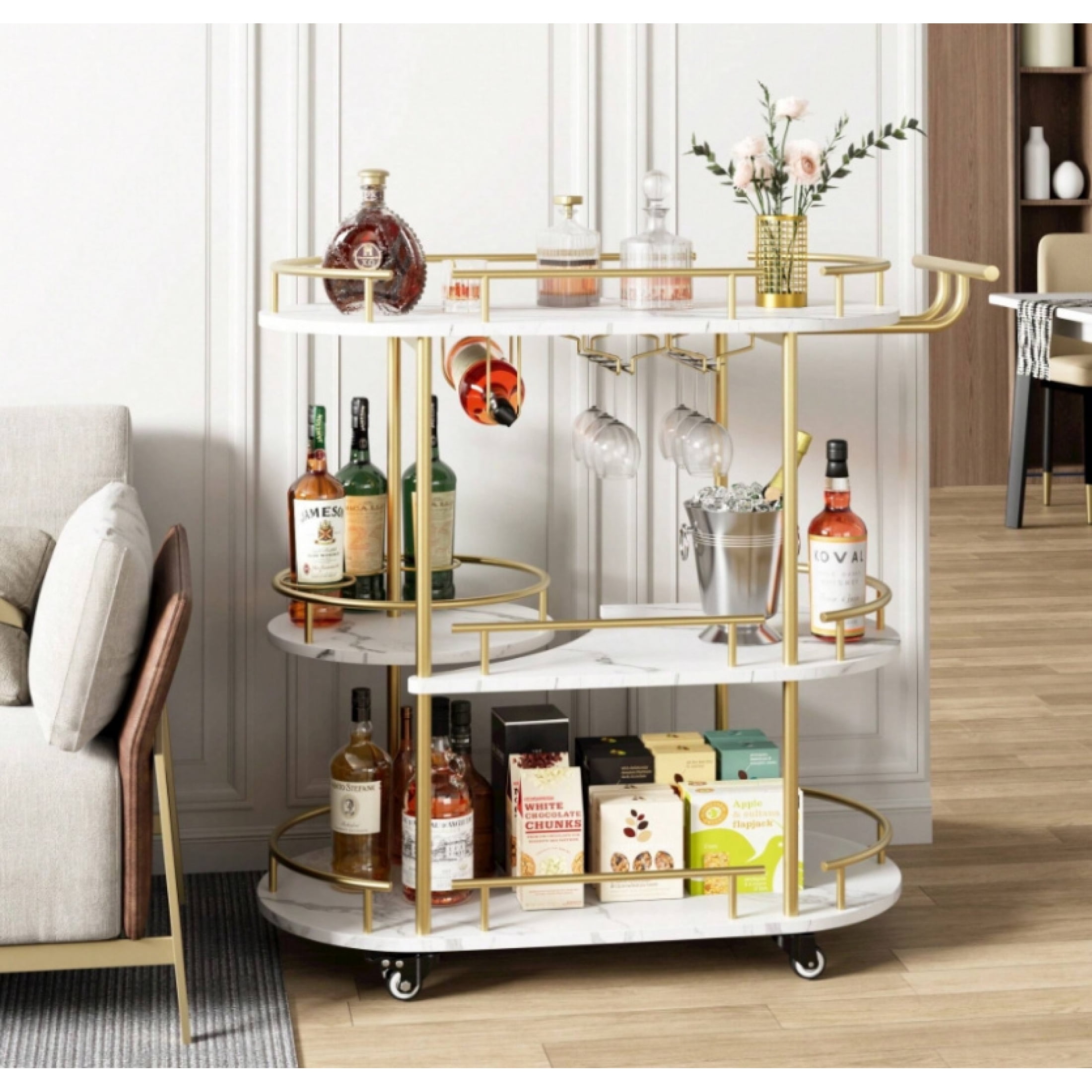 3-Tier Gold Bar Cart For Home, Rotating Bar Cart With Wheels And Handle ...