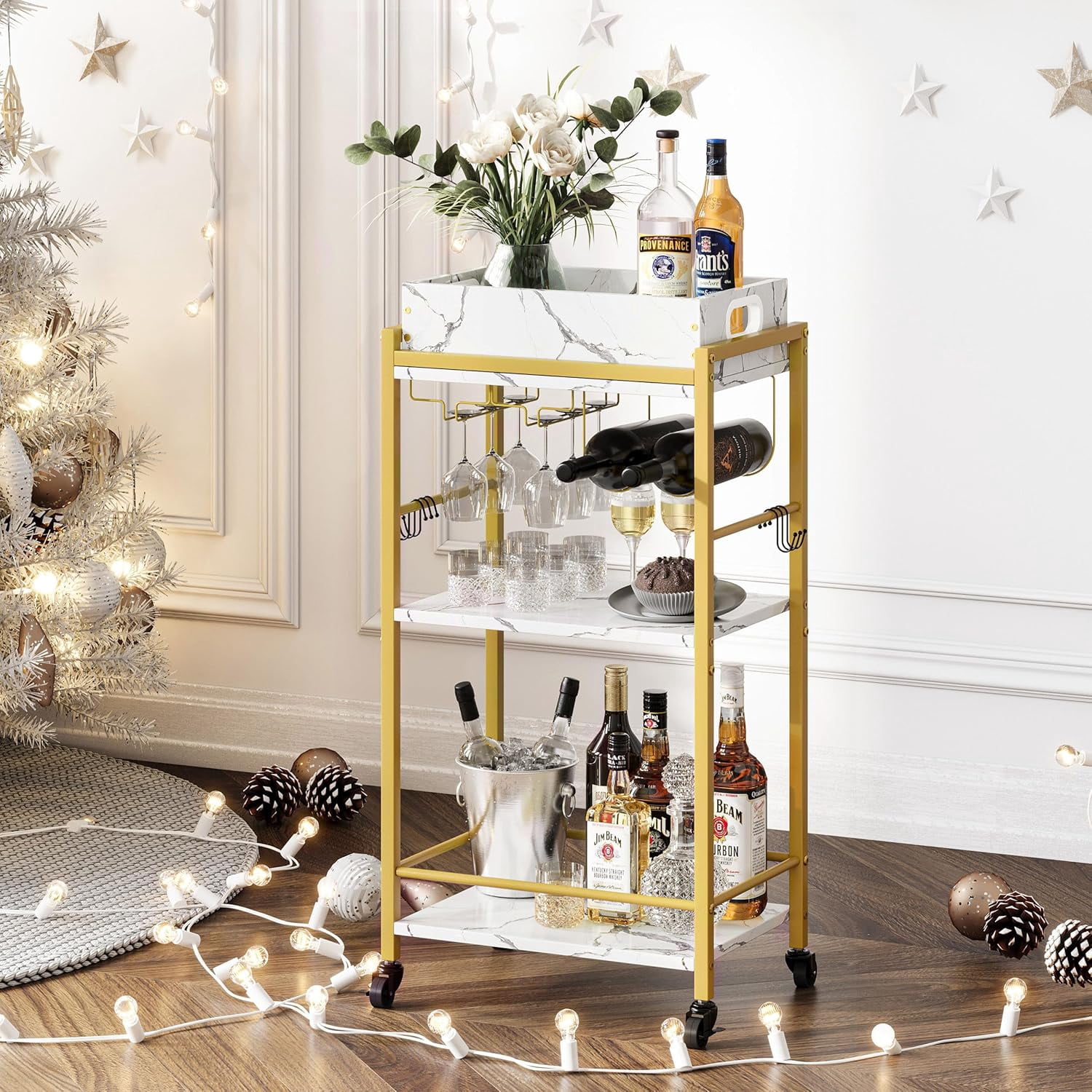 3-Tier Gold Bar Cart with Removable Tray, Small Bar Carts with Wheels ...