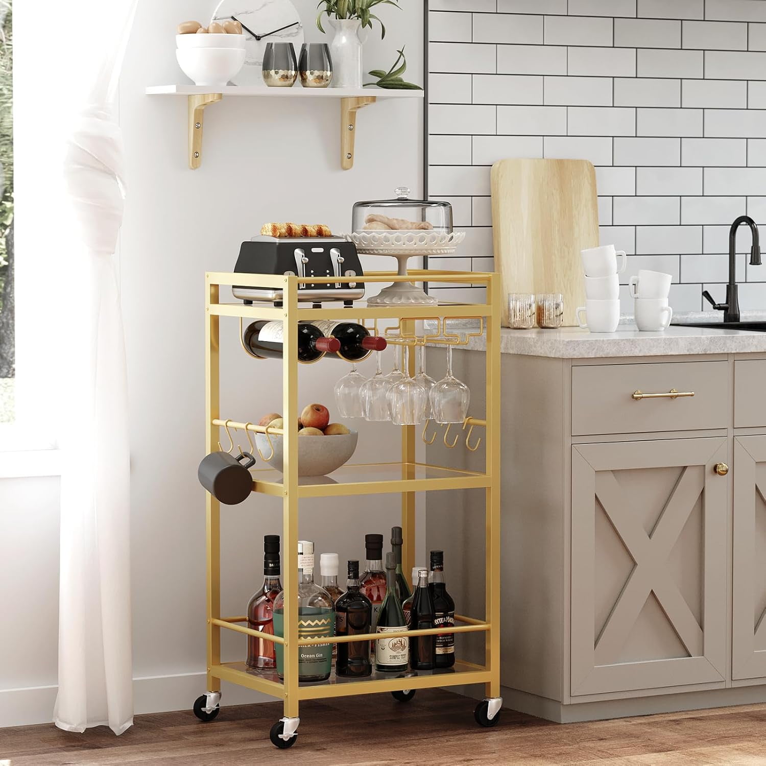 3-Tier Gold Bar Cart with Mirrored Shelves, Mobile Home Bar Serving ...
