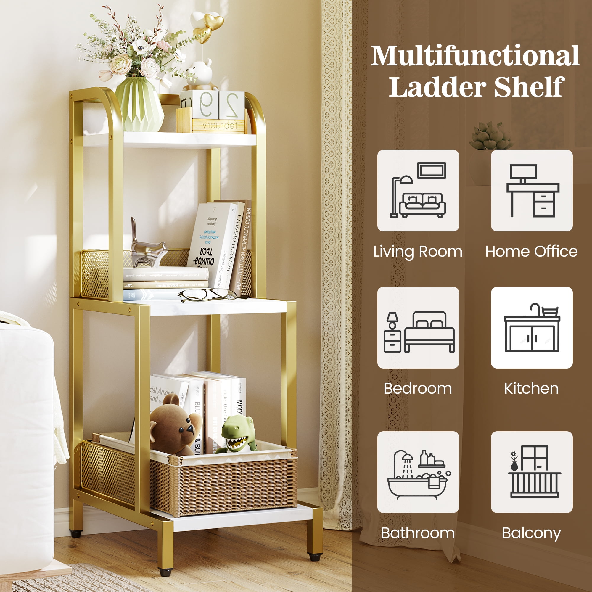 3 Tier Gold Ladder Shelf, Bathroom Organizers and Storage, Flower Stand ...