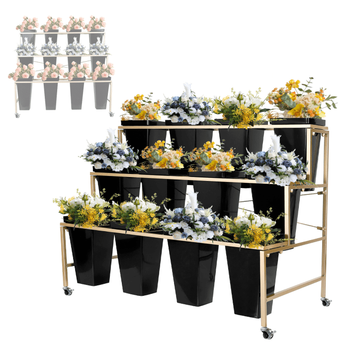 3-Tier Gold Metal Flower Rack with 12 Pots and 4 Wheels - 90CM Height ...