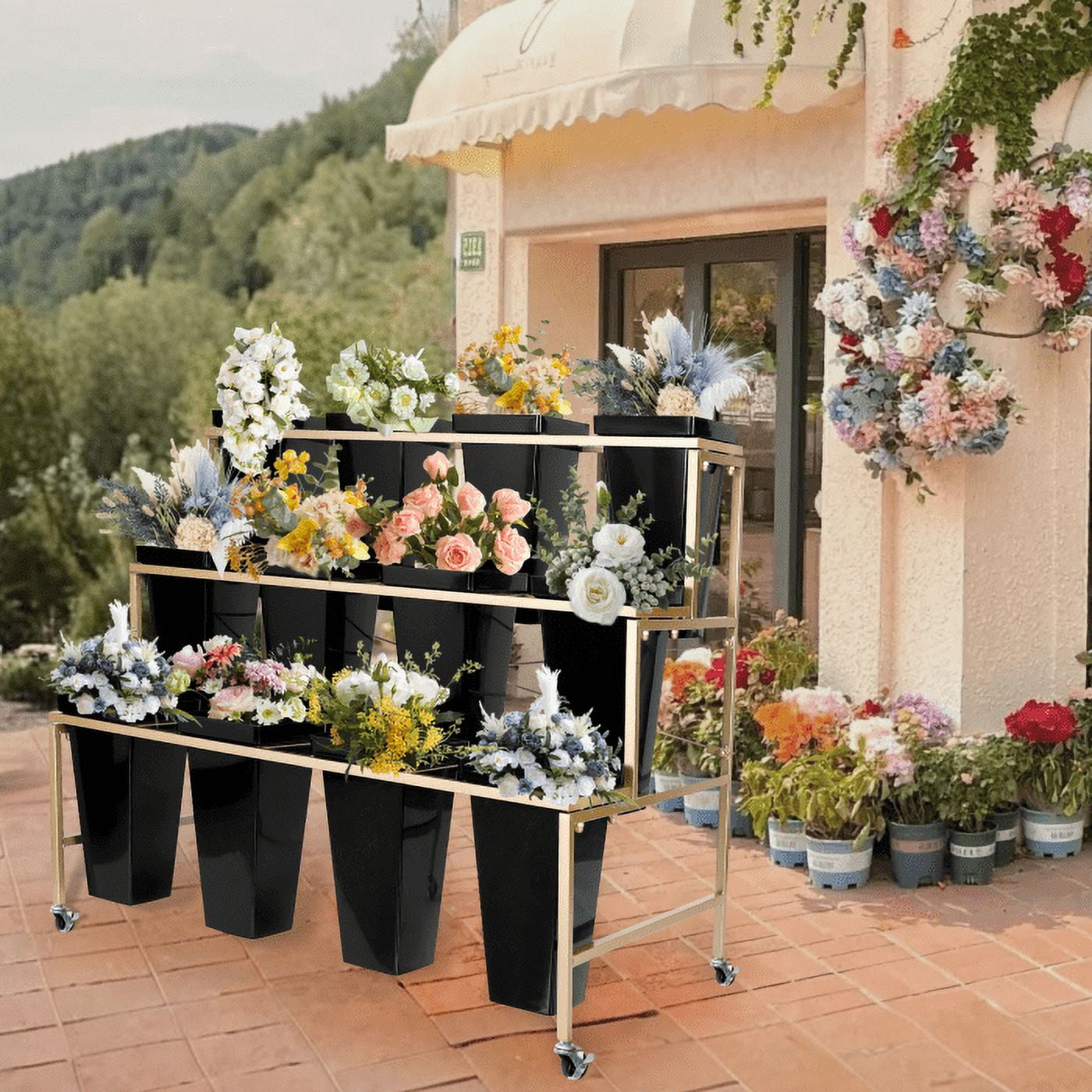 3-Tier Golden Rolling Flower Display Stand with with 12 Detachable Pots ...