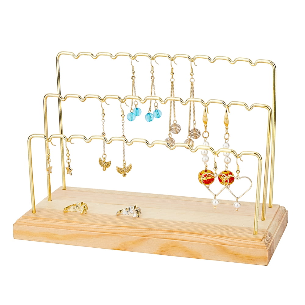 3-Tier Golden Tone Iron Bar Earring Display Stands with Wooden Base ...