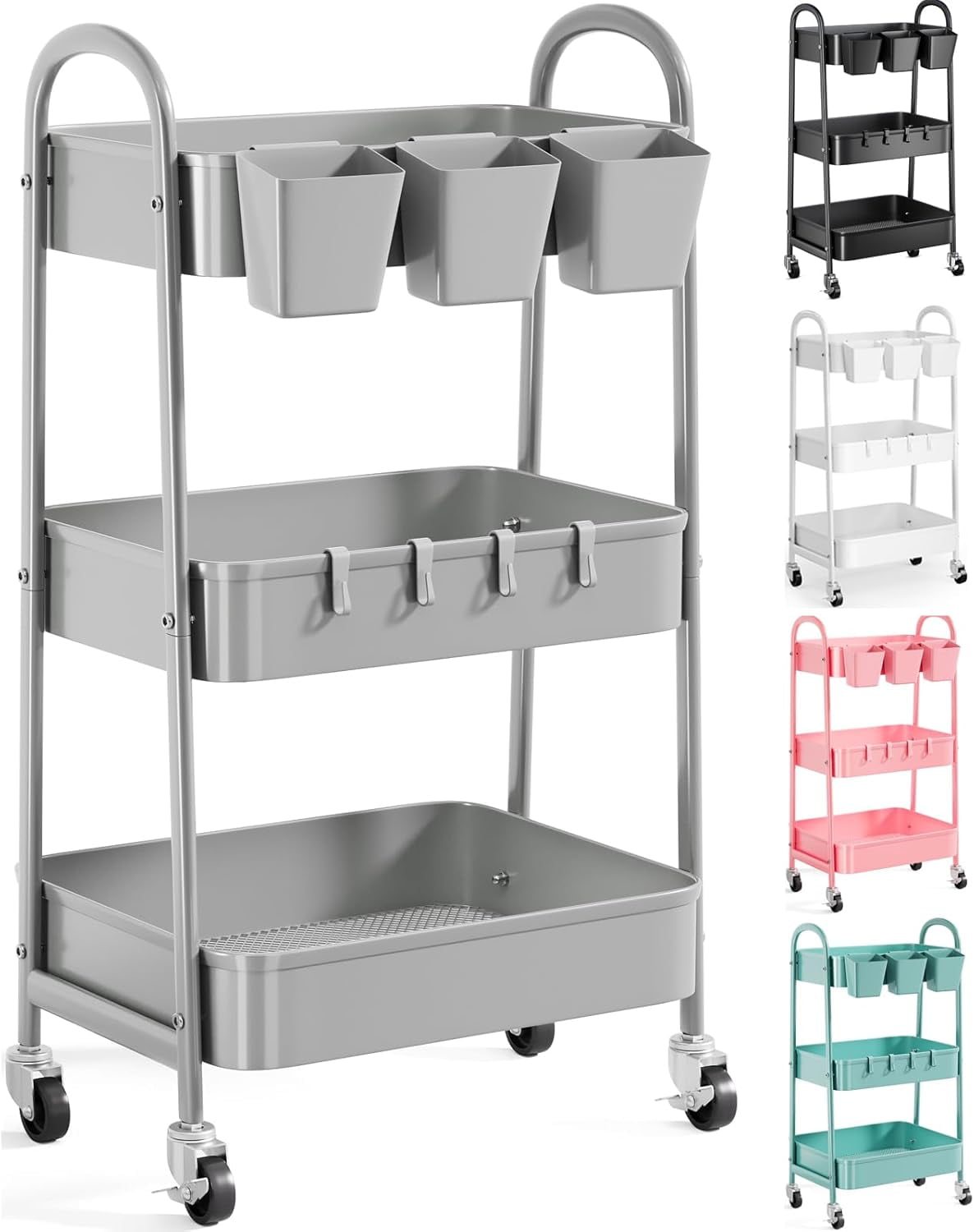 3 Tier Gray Metal Mesh Rolling Cart, Storage Cart with Handle and ...