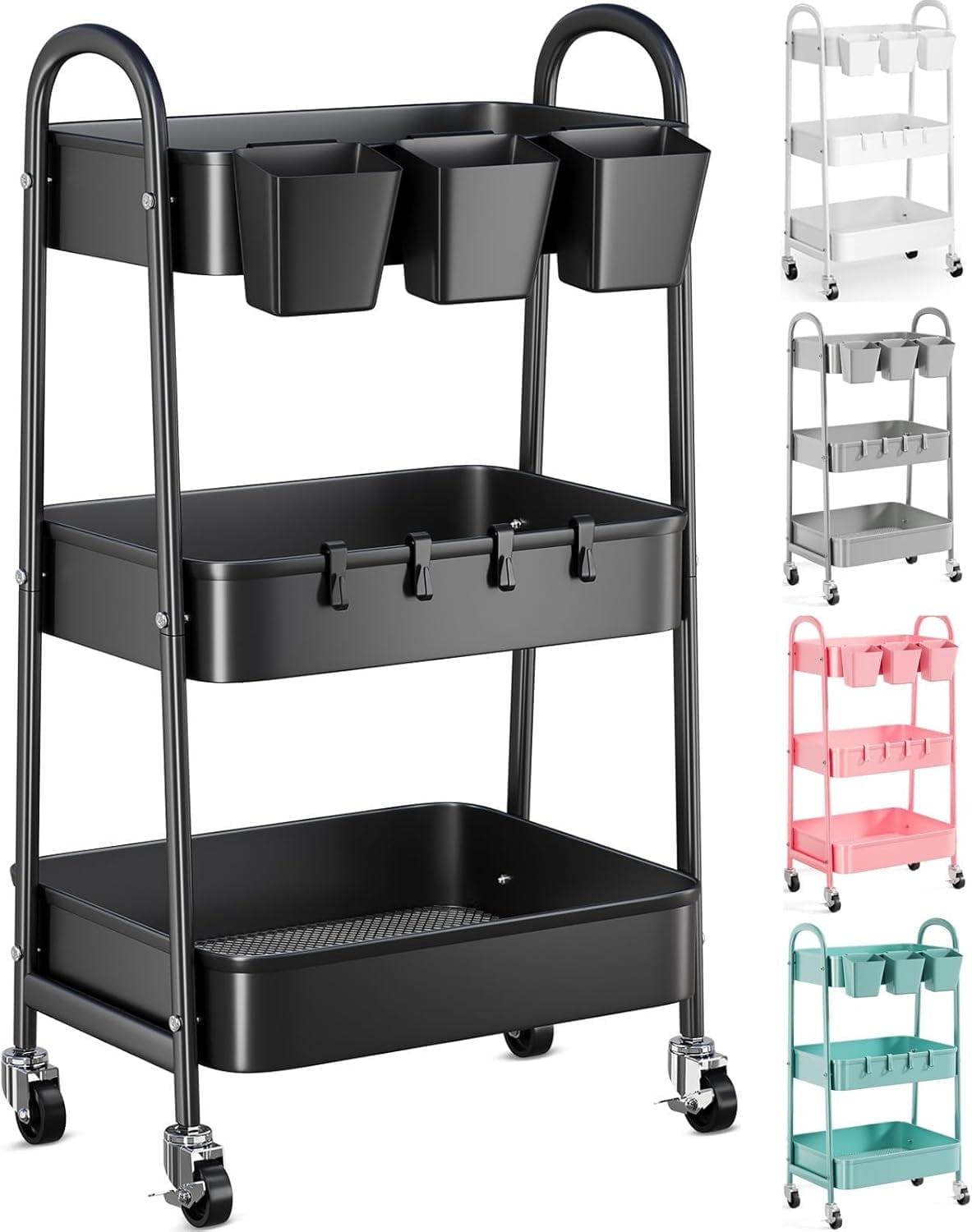 3 Tier Gray Metal Rolling Cart, Mesh Storage Cart with Handle and ...