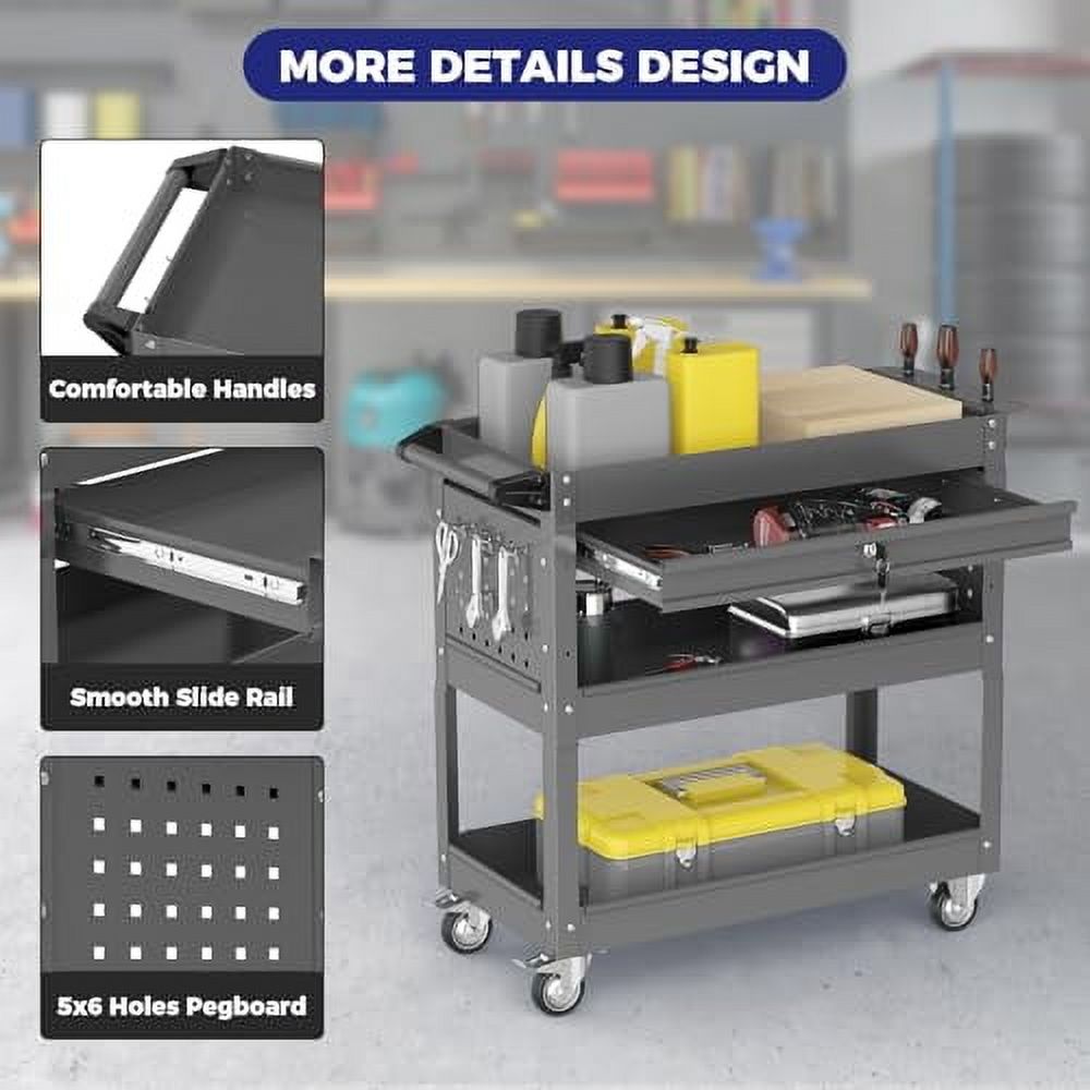 3-Tier Gray Rolling Tool Cart, 440 Lbs Load Capacity Service Cart ...