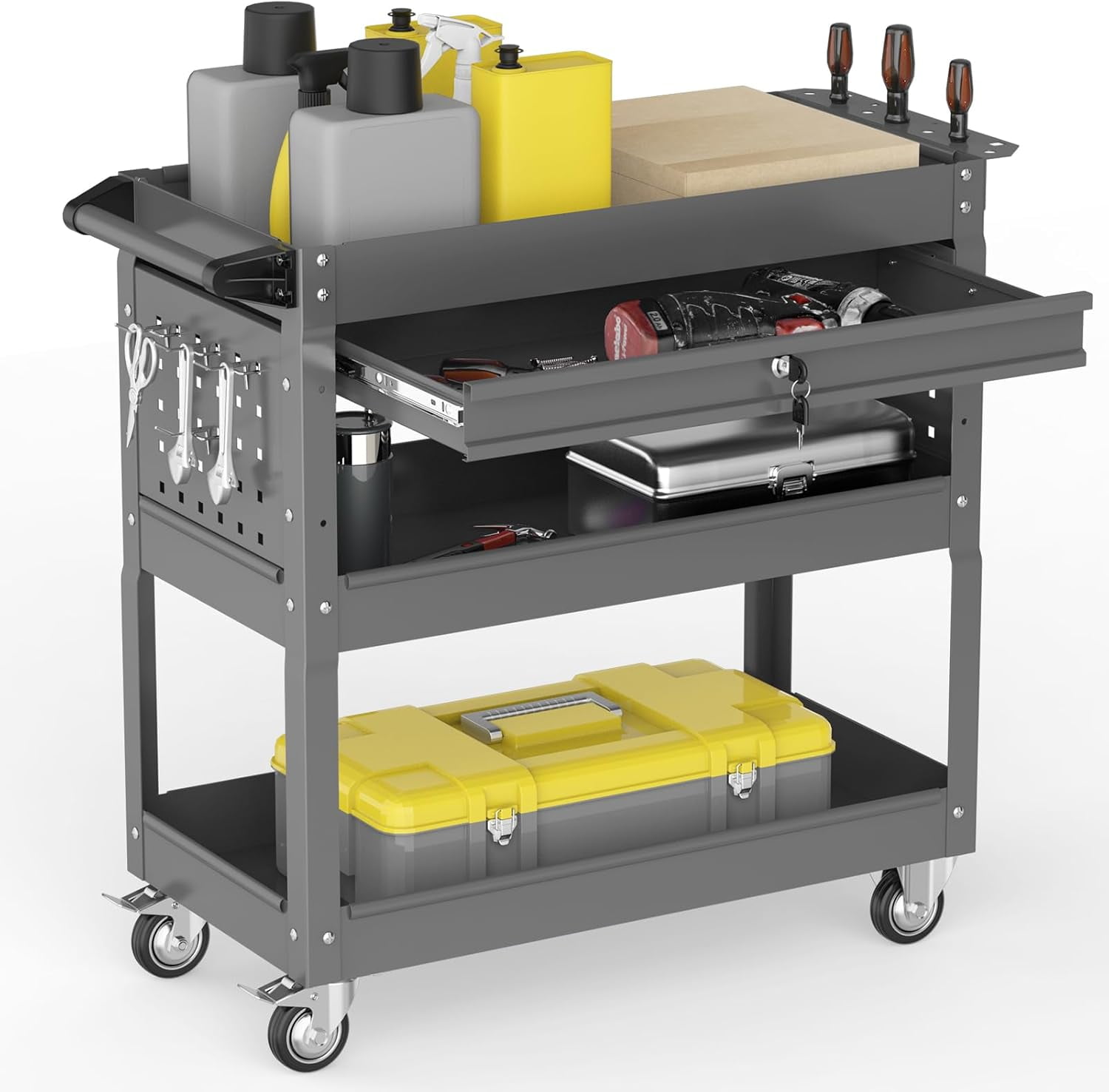 3-Tier Gray Rolling Tool Cart, 440 Lbs Load Capacity Service Cart ...
