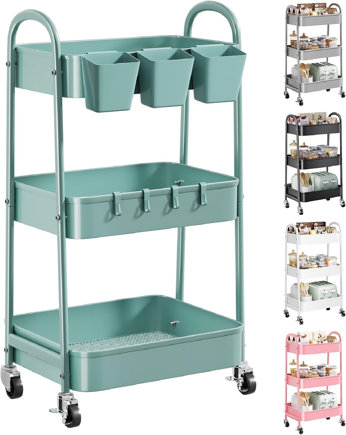 3 Tier Green Metal Rolling Cart with Lockable Wheels and Handle, 3 ...