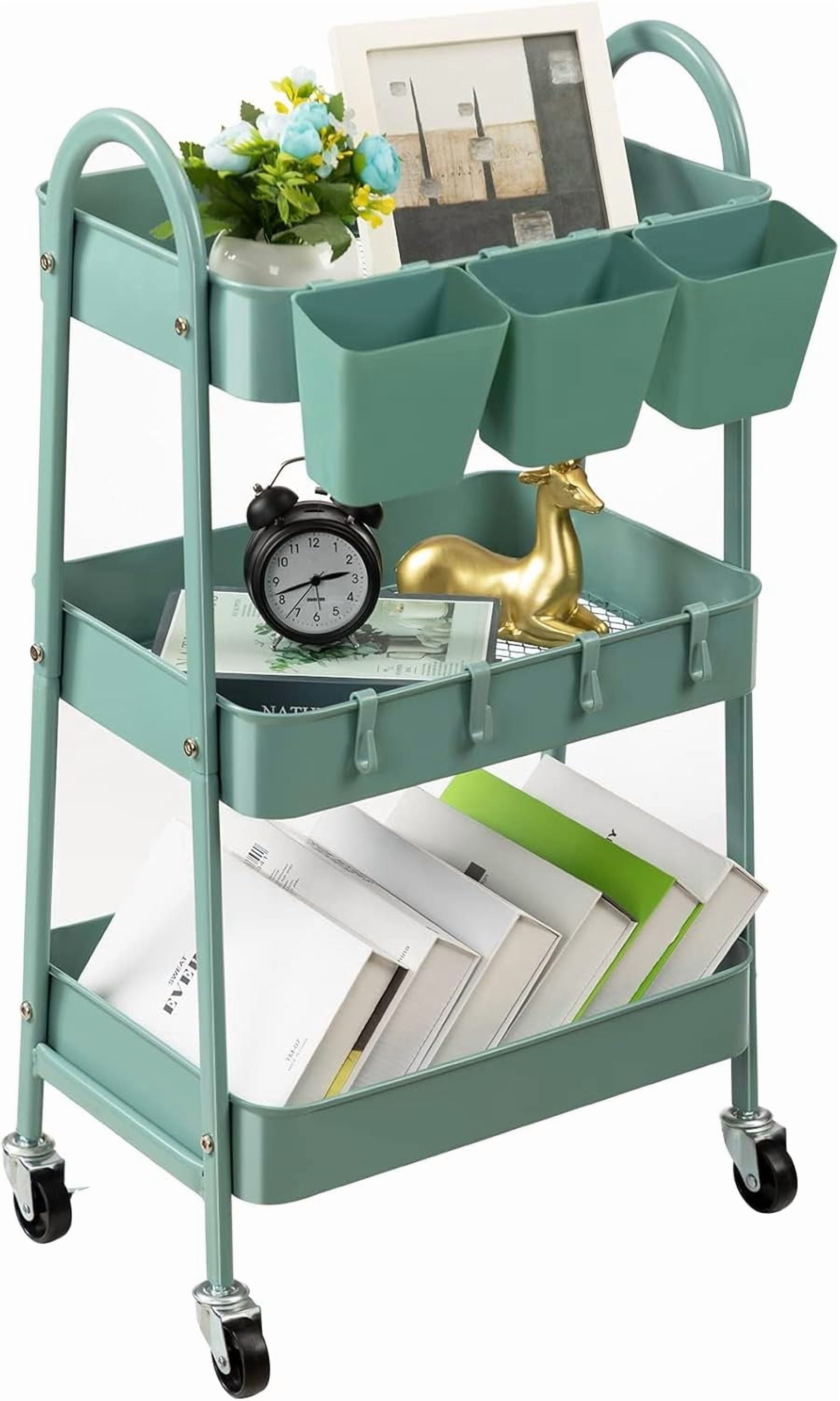 3-Tier Green Metal Rolling Utility Cart - Lockable Wheels, Hanging Cups ...
