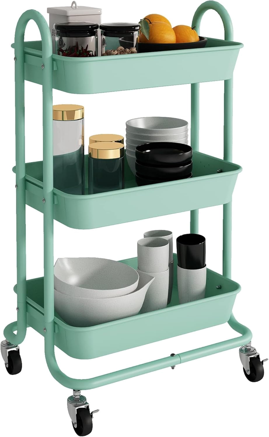 3-Tier Green Utility Rolling Cart with Plastic Baskets,Kitchen Storage ...