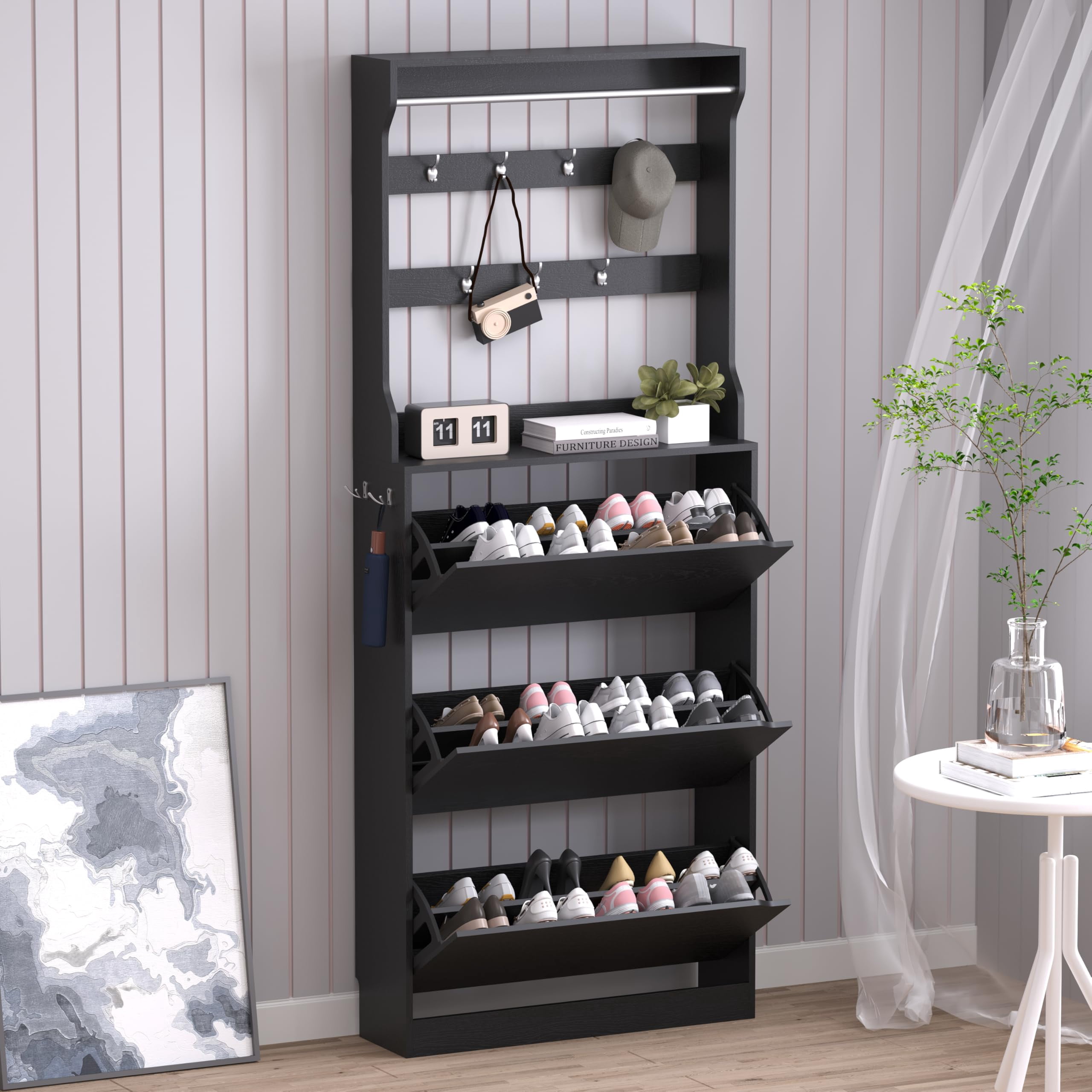3-Tier Hall Tree with Shoe Storage Cabinet, Freestanding Clothes Rack ...