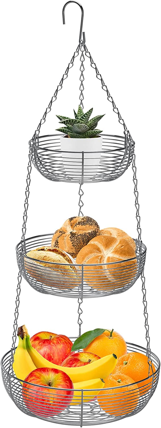 3-Tier Hanging Basket Fruit Organizer Kitchen Heavy Duty Wire Organizer ...
