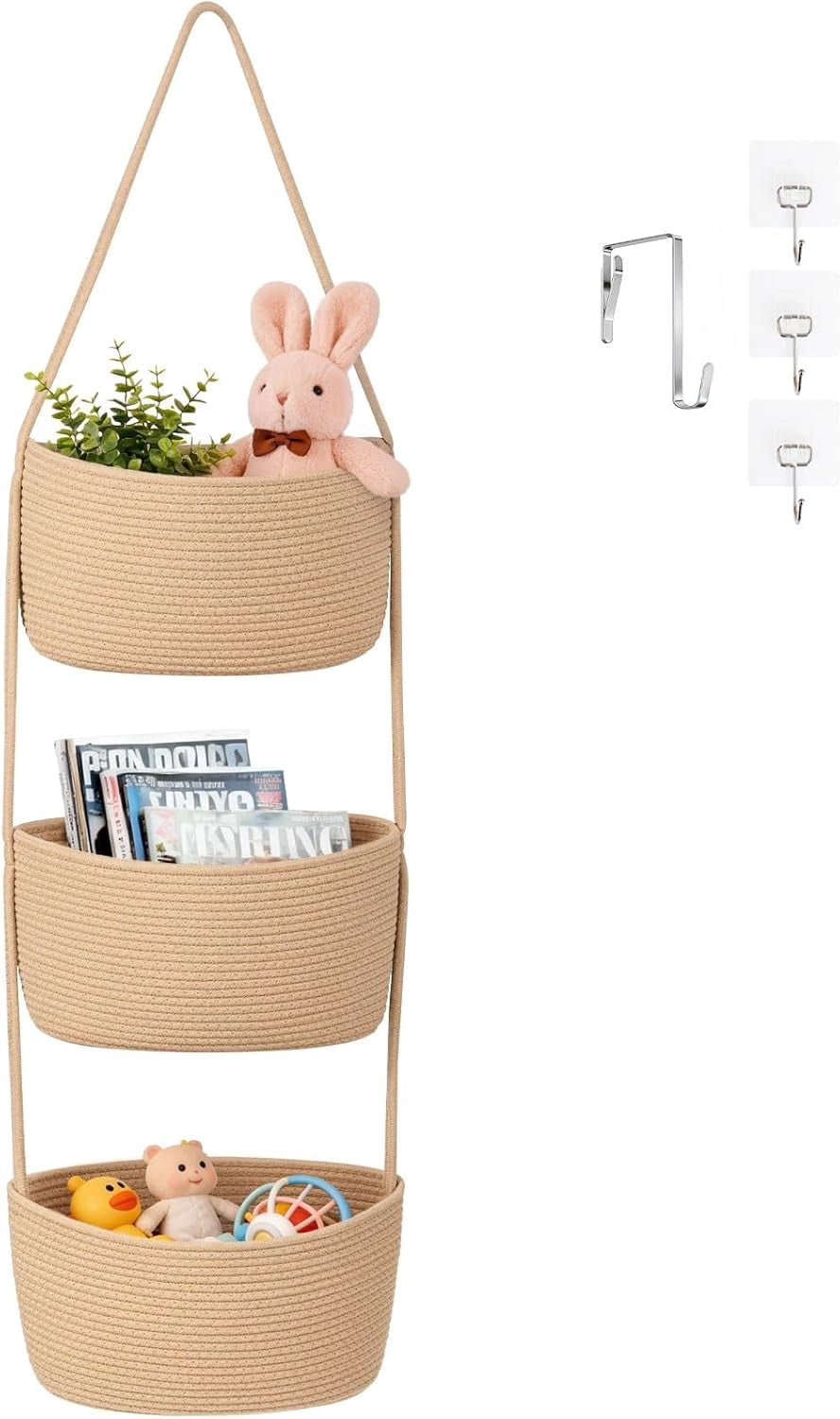 3-Tier Hanging Basket Over the Door, Cotton Rope Wall basket, Hanging ...