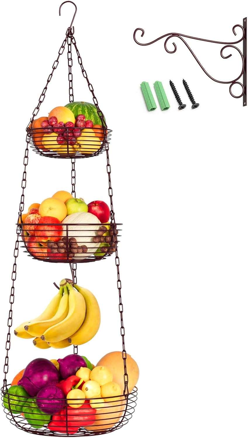 3 Tier Hanging Fruit Basket with Banana Hook, Heavy Duty Wire Hanging ...