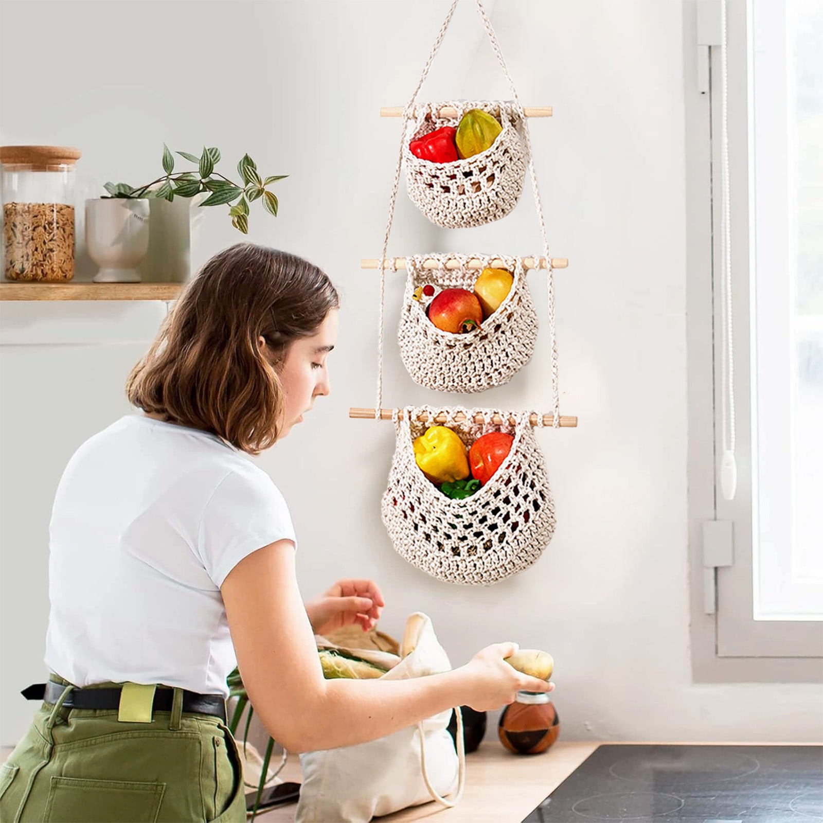 3 Tier Hanging Fruit Basket & Door Storage Box, Hand Woven Jute Wall ...