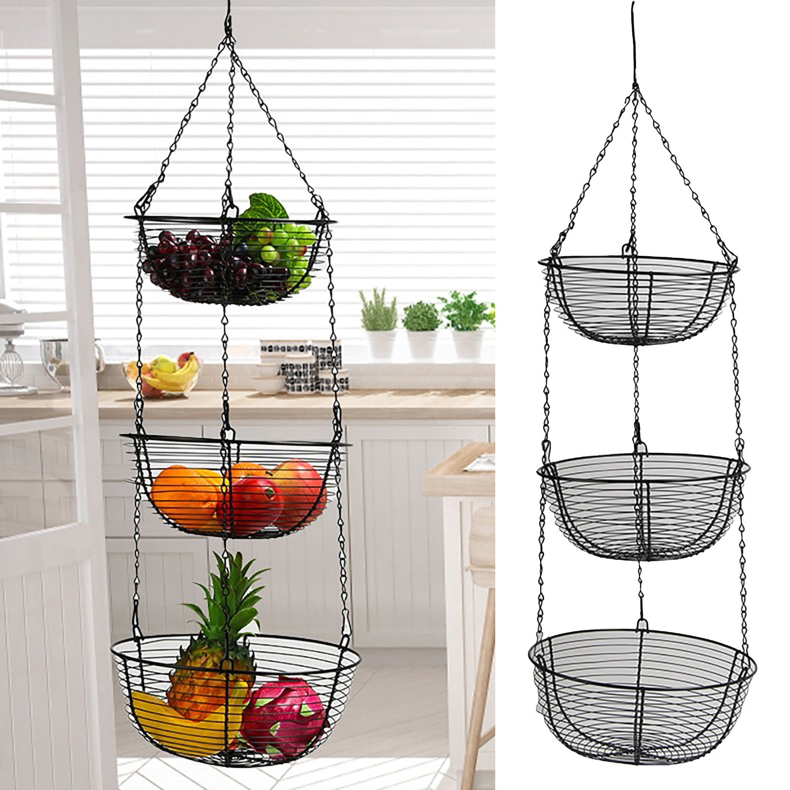 3-Tier Hanging Fruit Basket for Kitchen,Rustic Wire Organizer with ...