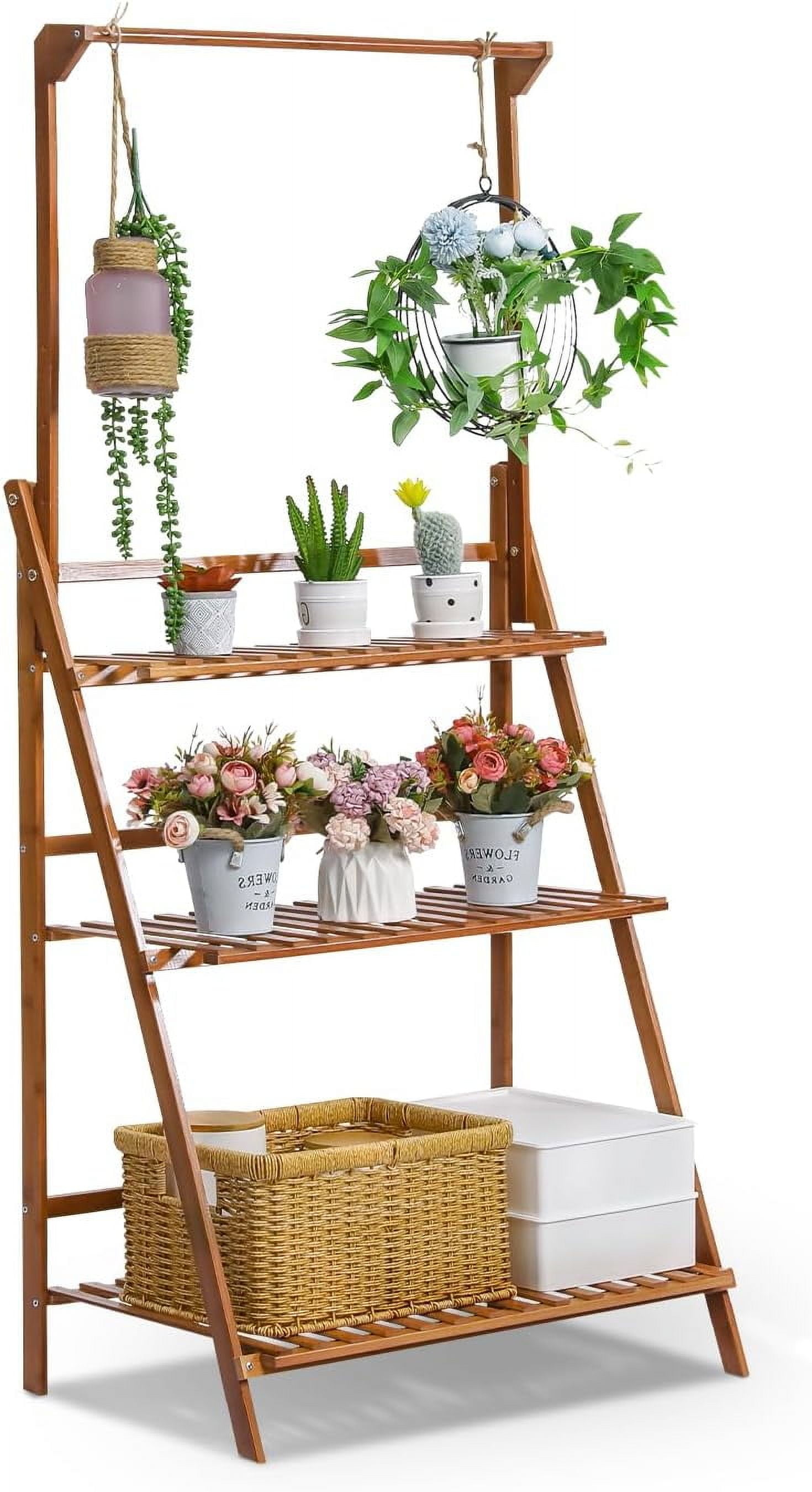 3-Tier Hanging Plant Stand for Indoor and Outdoor, Brown Bamboo Flower Pot Display Organizer ...