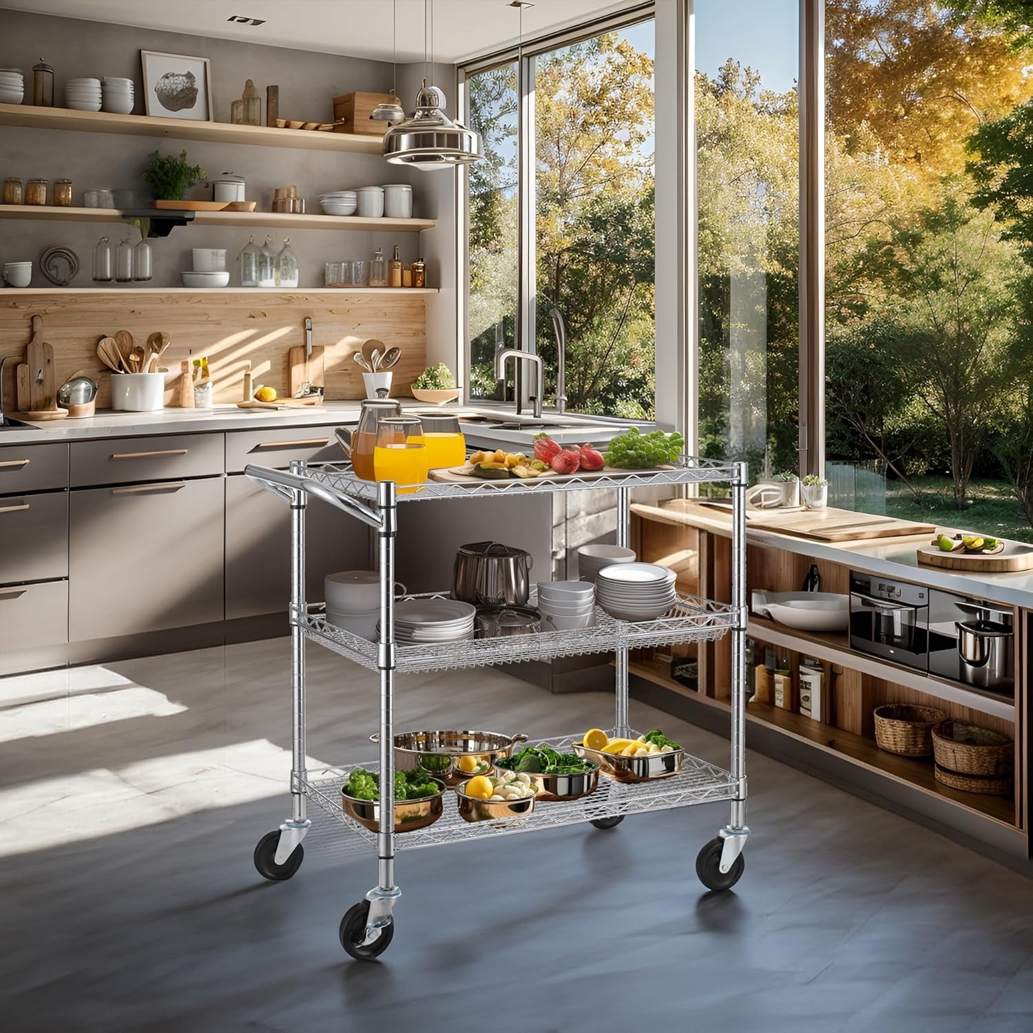 3 Tier Heavy Duty Commercial Grade Utility Cart, Wire Rolling Cart with ...