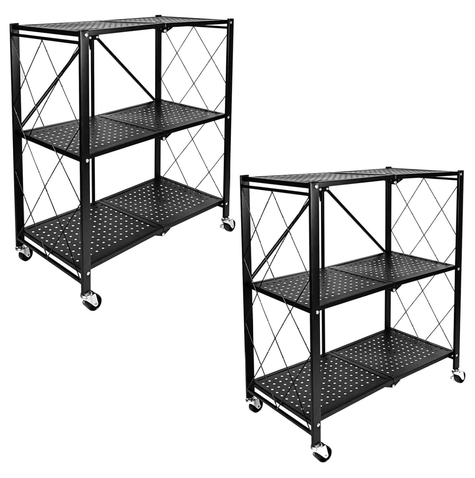 3-Tier Heavy Duty Foldable Metal Rack Storage Shelving Unit with Wheels ...